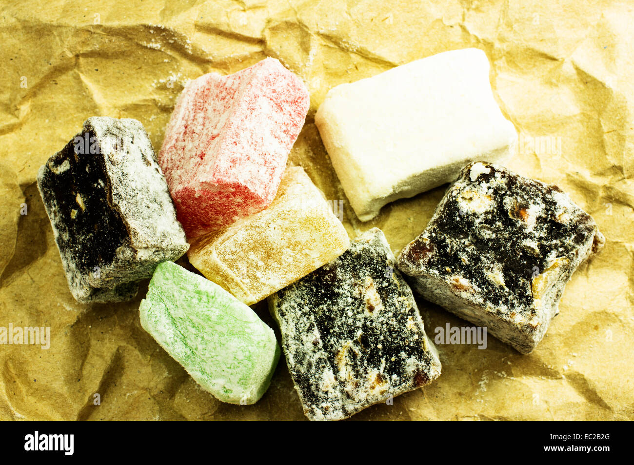 Pieces of colored Turkish Delight on wrapping paper Stock Photo - Alamy