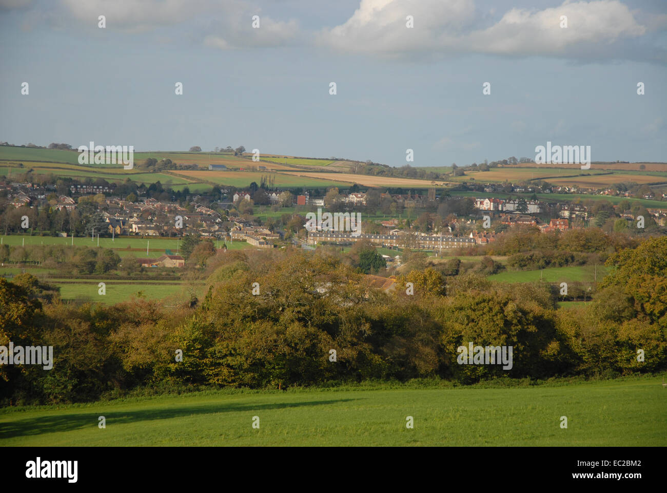 Autumn view over green fields towards Sherborne, Dorset, England Stock ...