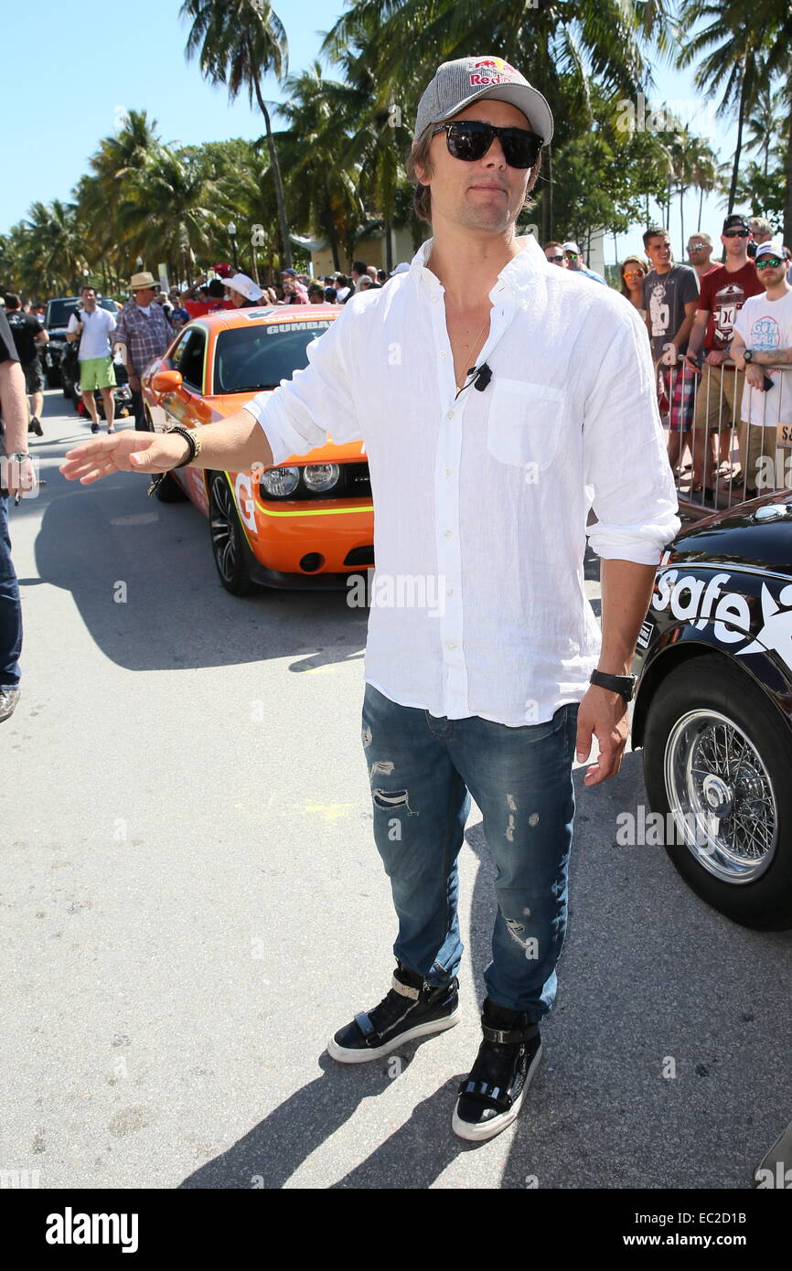 Celebrities gather at the Gumball 3000 rally starting grid before the ...