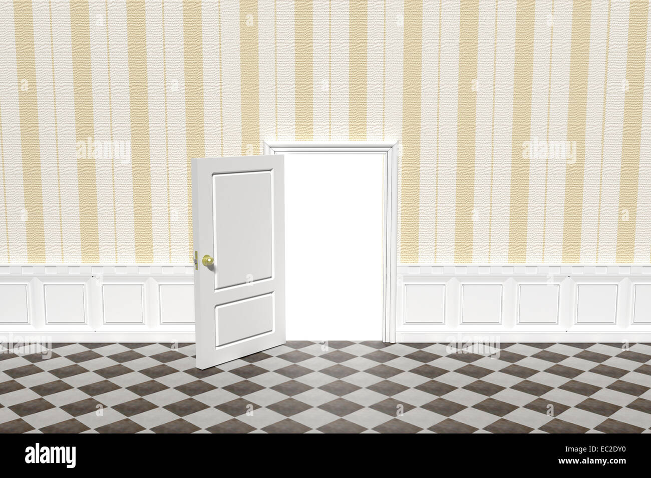 3d rendering of an interior scene with an open door Stock Photo - Alamy