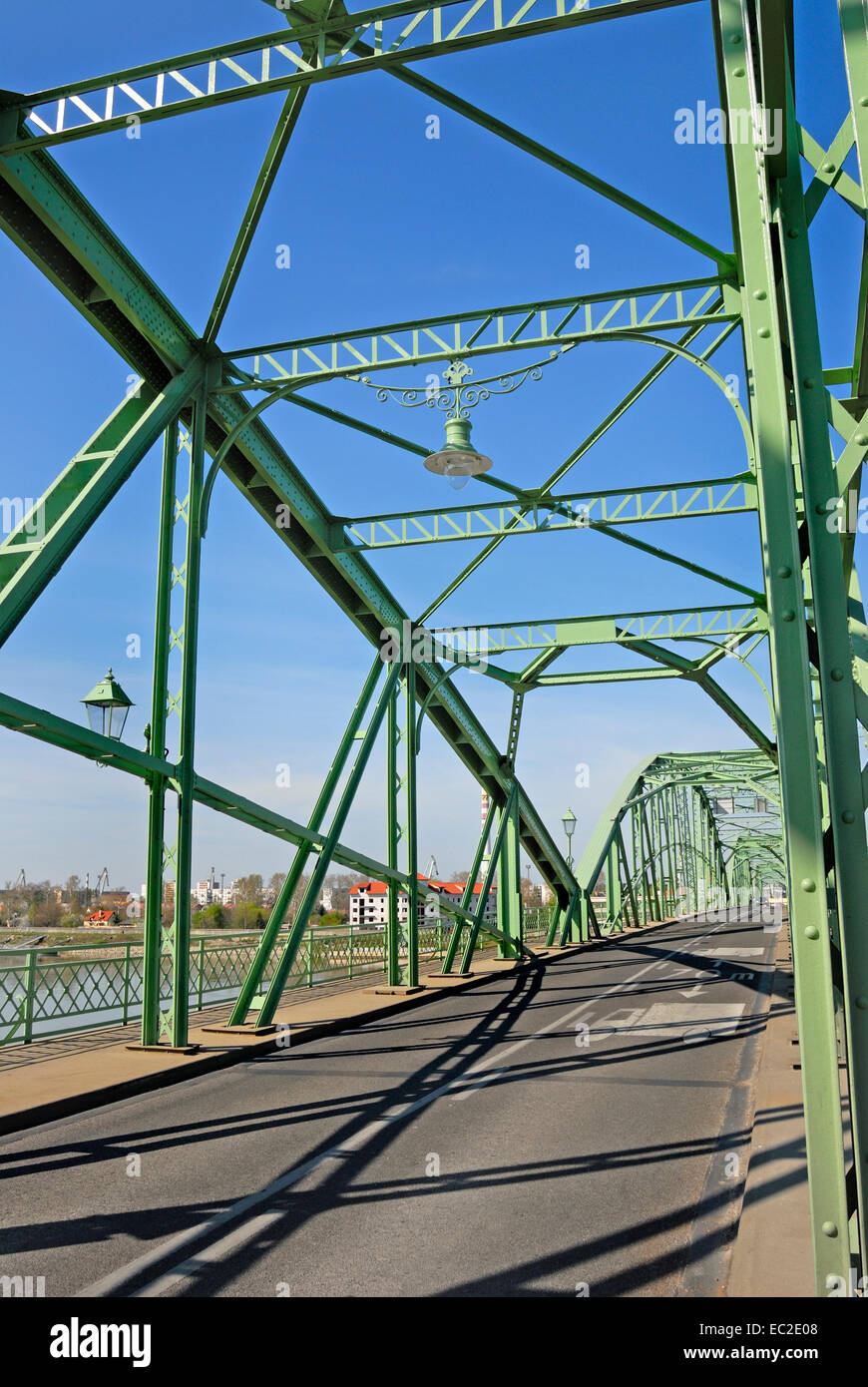 Komarom, Western Transdanubia, Hungary. Man walking across bridge over ...