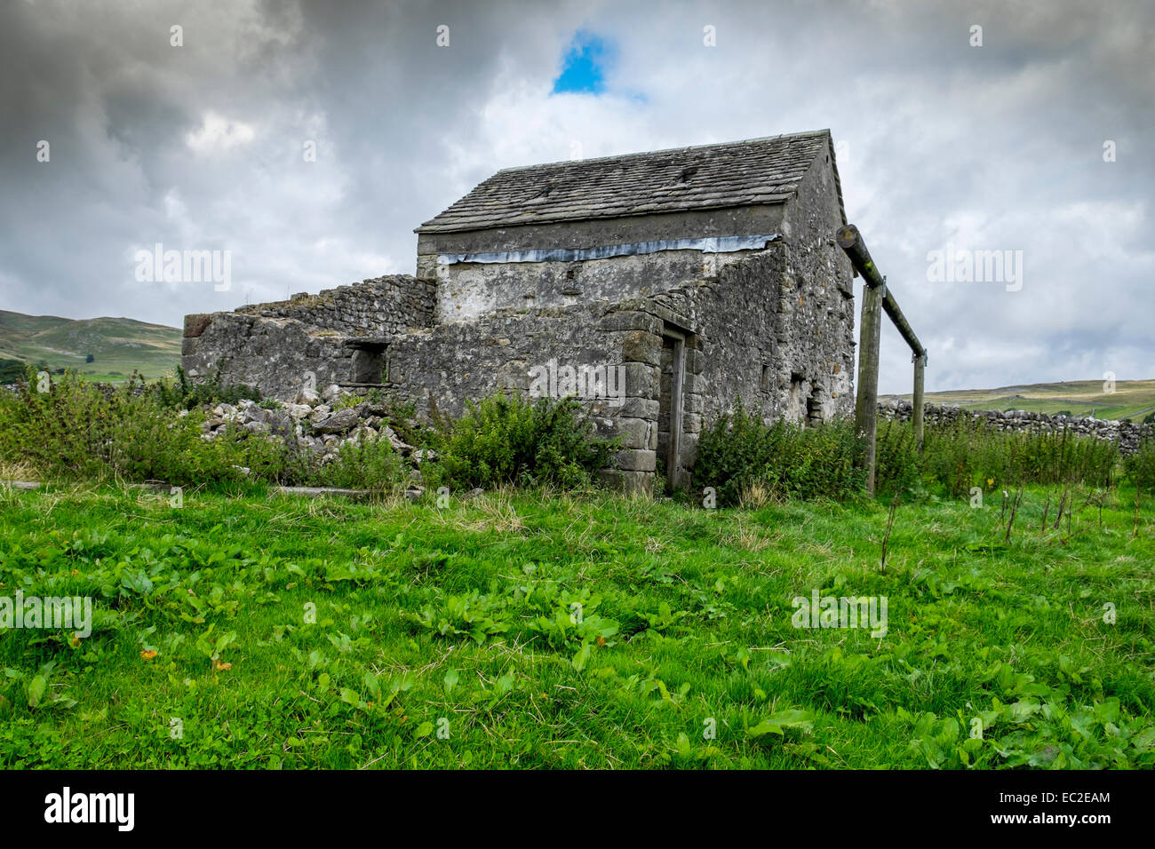 Old decaying barn in a field with stormy sky behind Stock Photo - Alamy