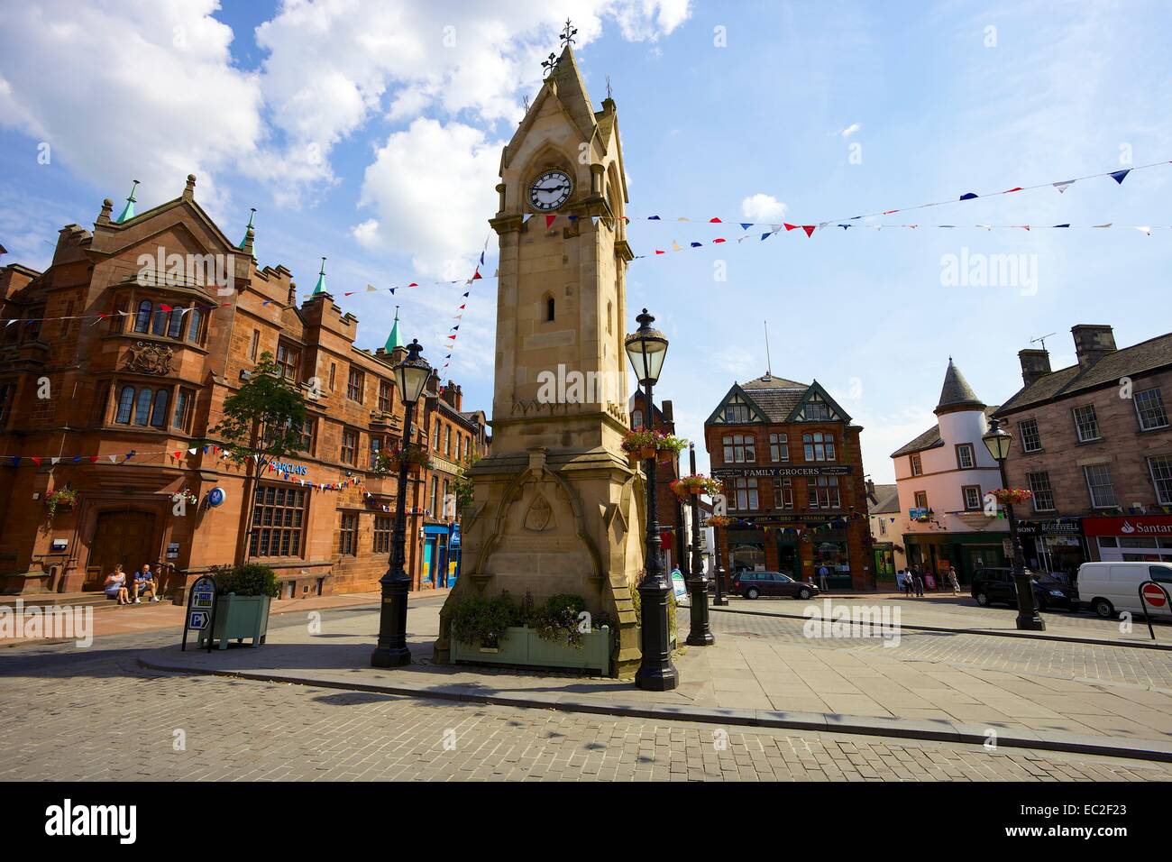 Town clock in the paved Market Square, King Street in Penrith town ...