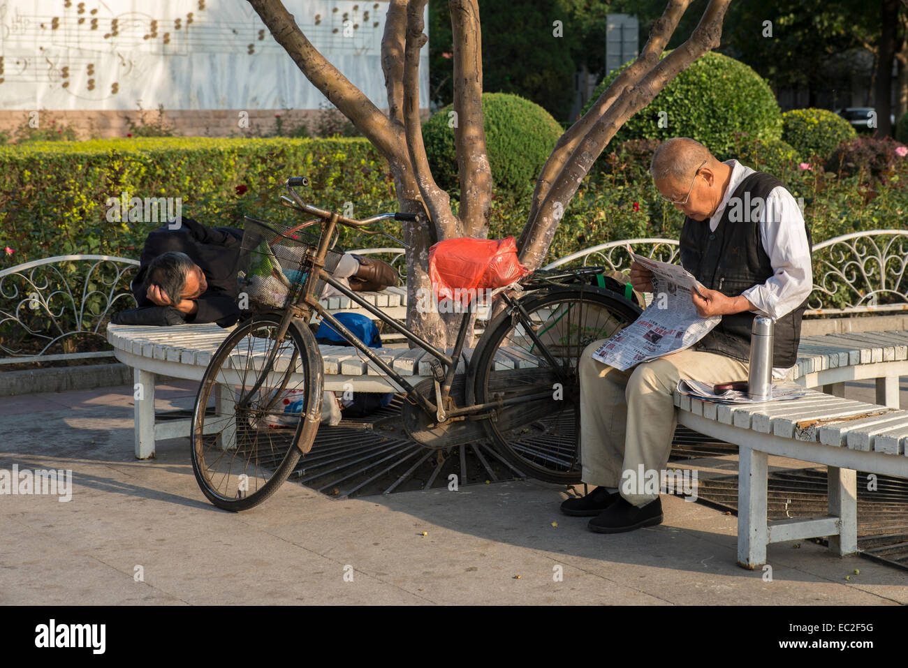 Two Chinese men in park, one asleep, one reading, Tianjin, China Stock ...