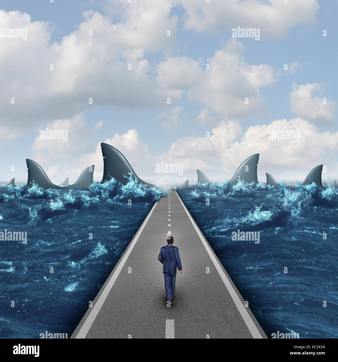 Headed for danger business concept as a man walking on a straight road ...