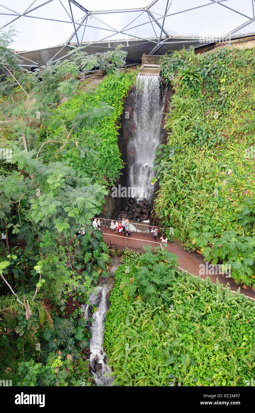 Waterfall in the Tropical Biome at the Eden Project, Cornwall, UK Stock ...