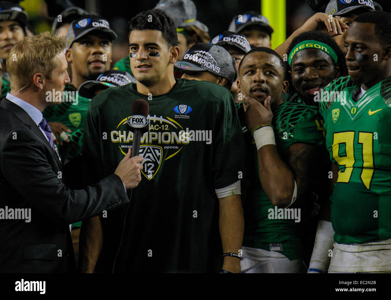 Santa Clara, CA. 05th Dec, 2014. Oregon QB Marcus Mariota DB # 4 Erick ...
