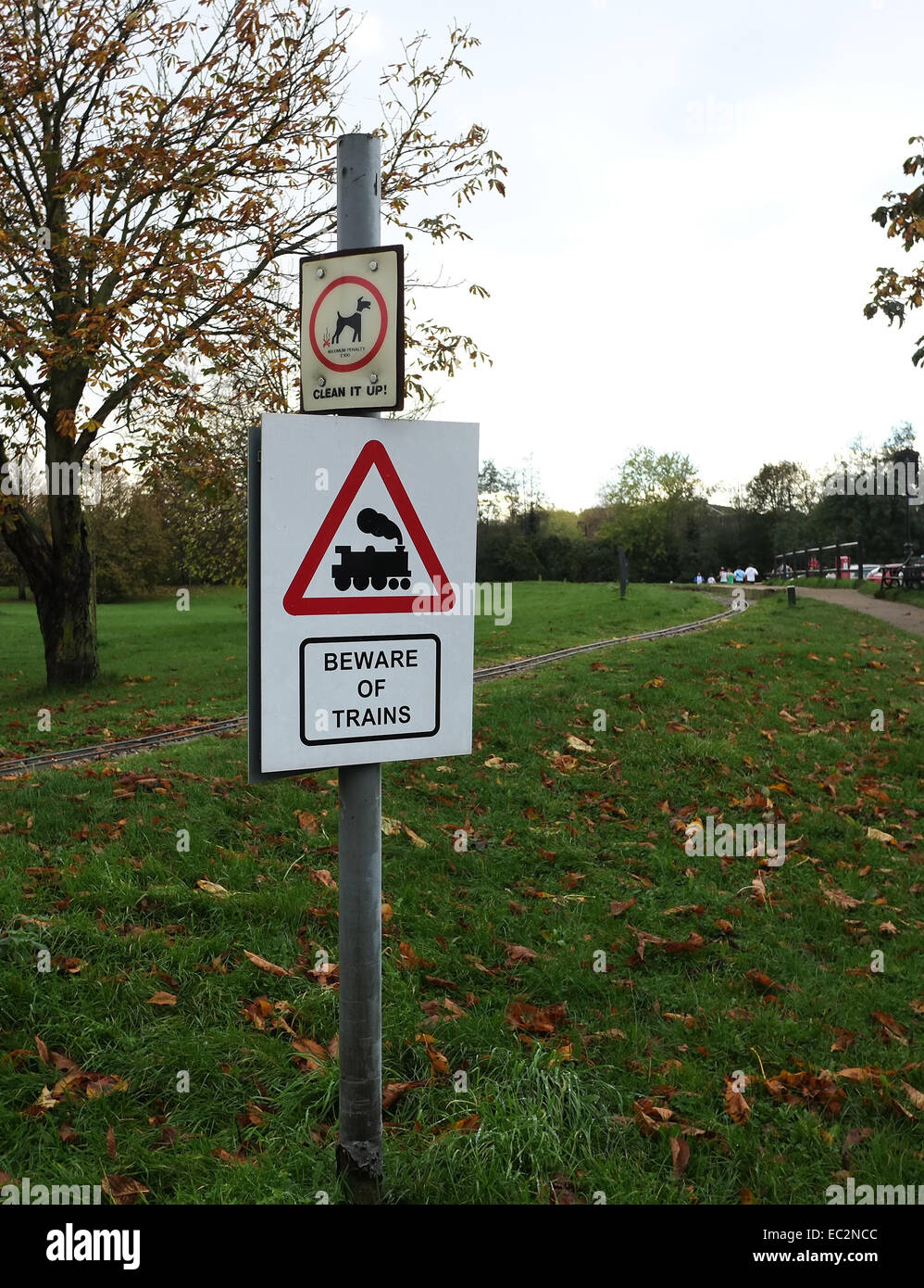 Beware of the trains warning sign in New Barn Park, Swanley, Kent ...