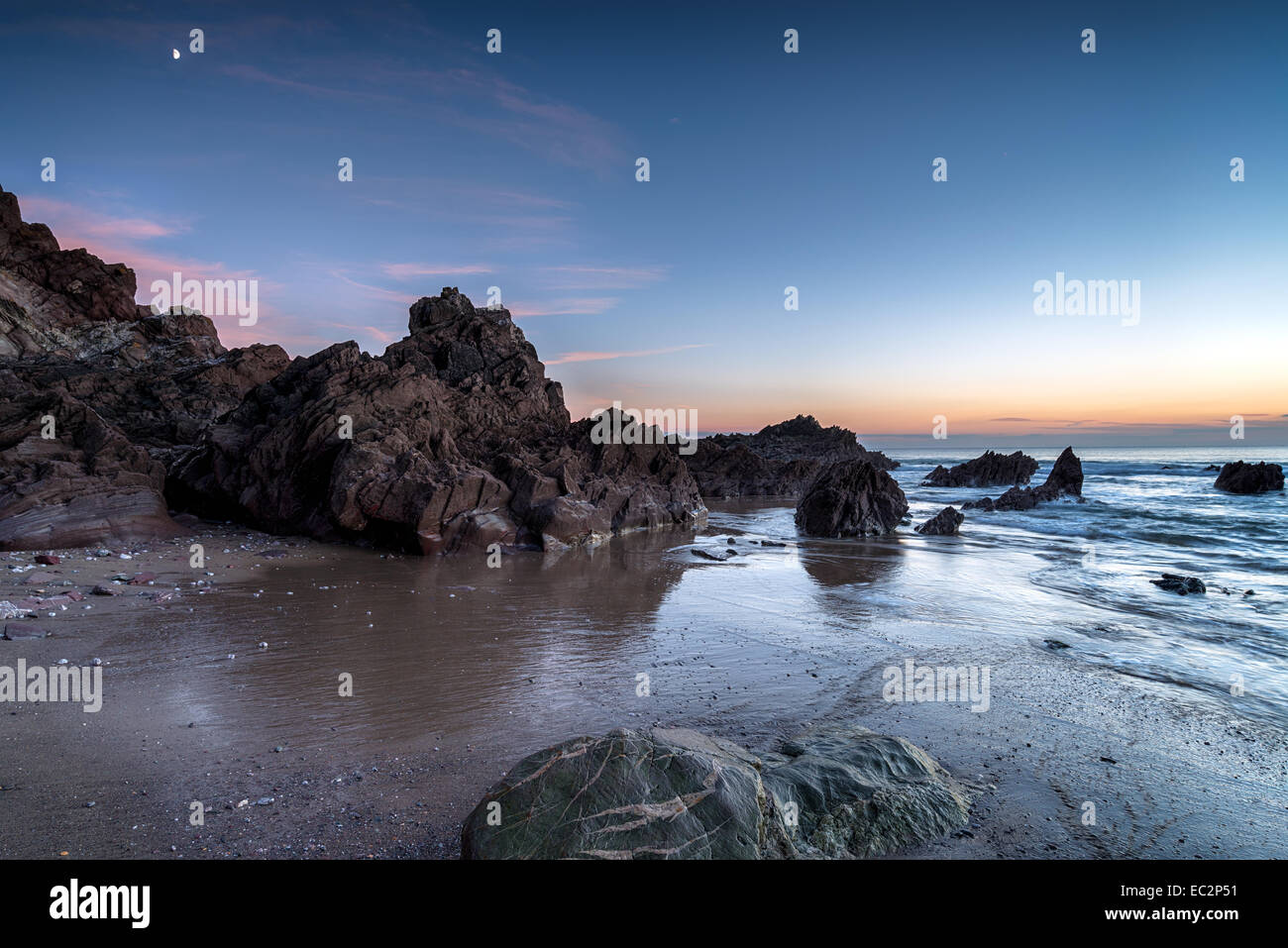Night falls over Sharrow Beach a part of Whitsand Bay in Cornwall Stock ...