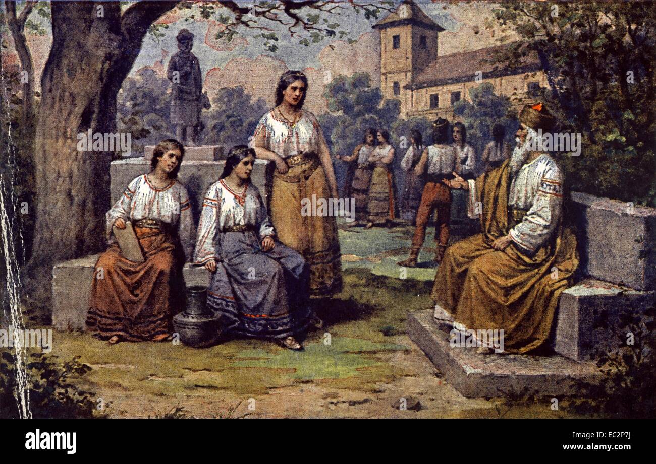 Duke (knize) Krok with his Daughters: Libuse, Kazi, and Teti Stock ...