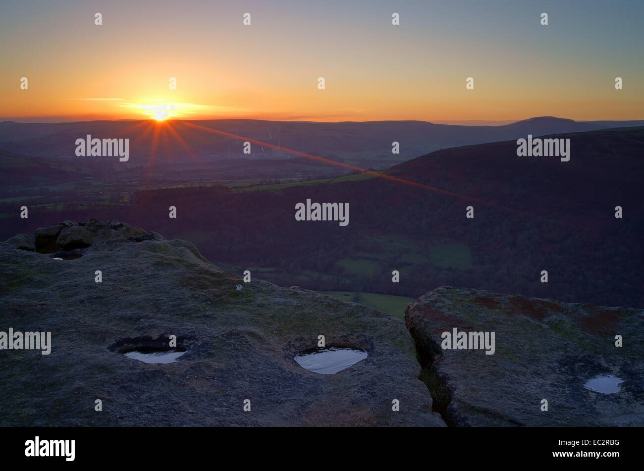 UK,Derbyshire,Peak District, Sunset over Bamford Edge and Hope Valley ...