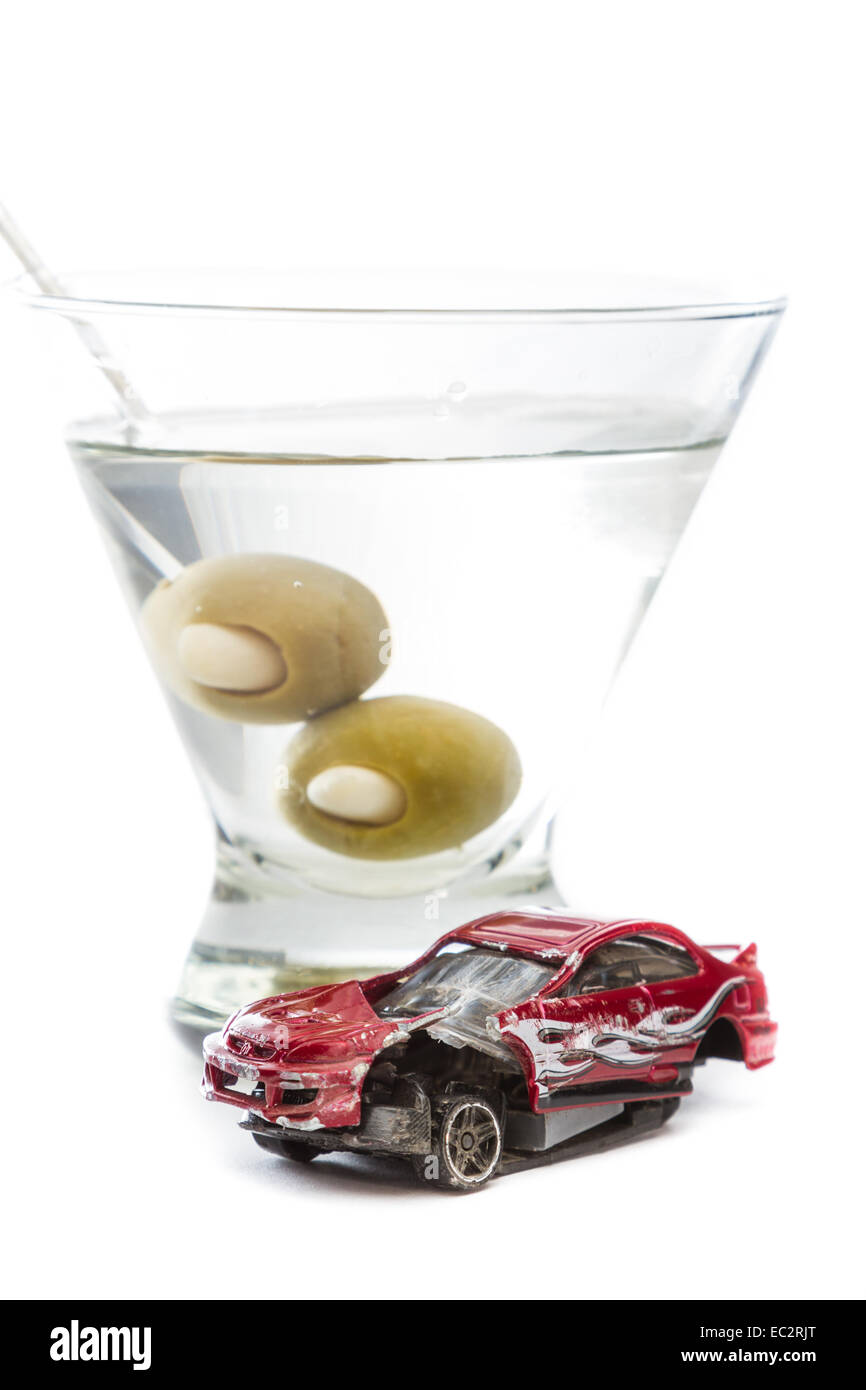 DUI concept. Image of a drunk driving accident with a vodka martini ...