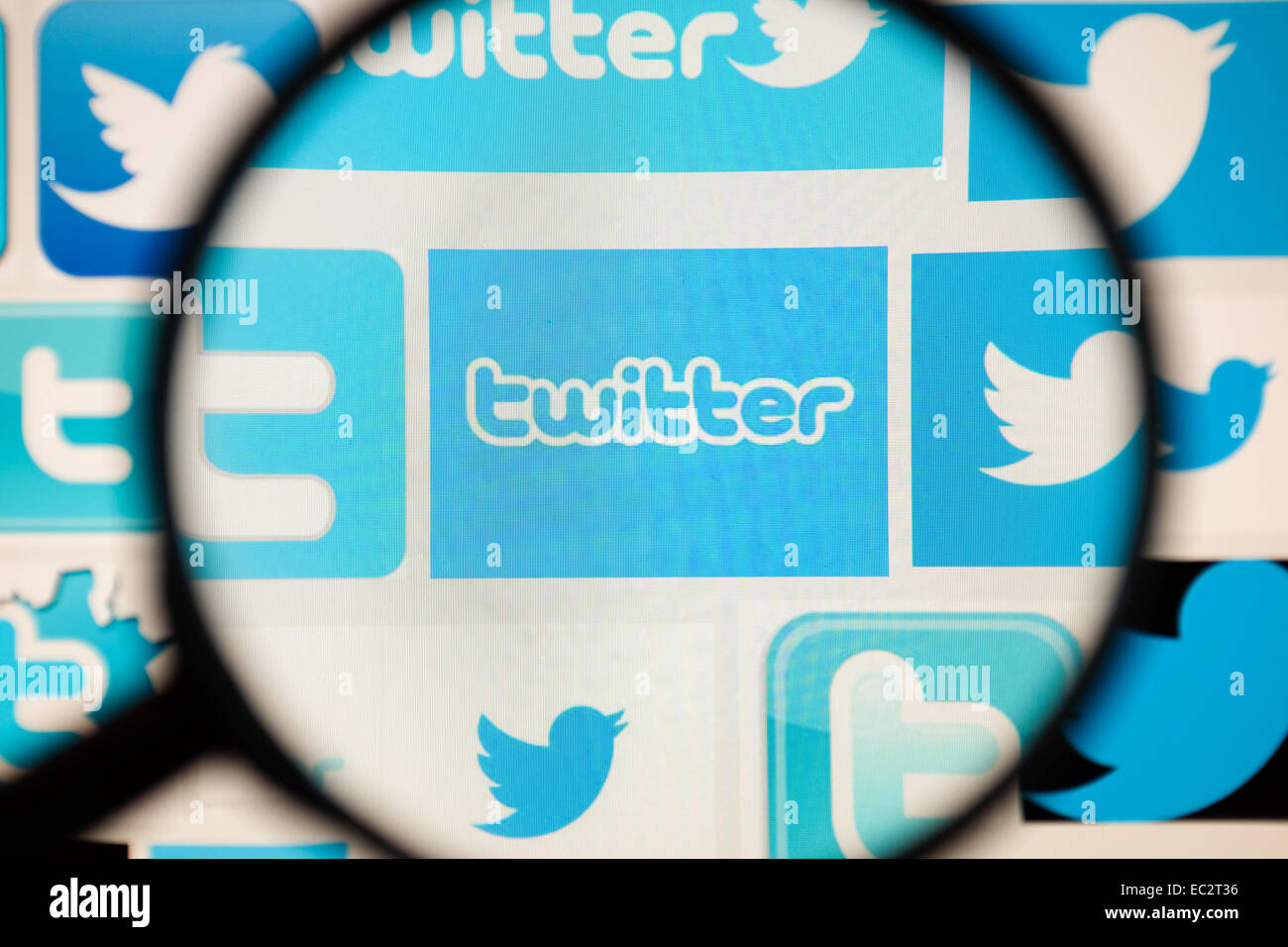 Twitter logo shown through a magnifying glass Stock Photo - Alamy