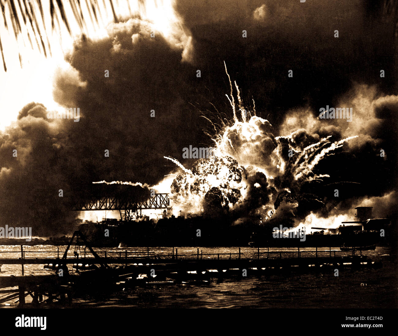 USS SHAW exploding during the Japanese raid on Pearl Harbor. December 7 ...