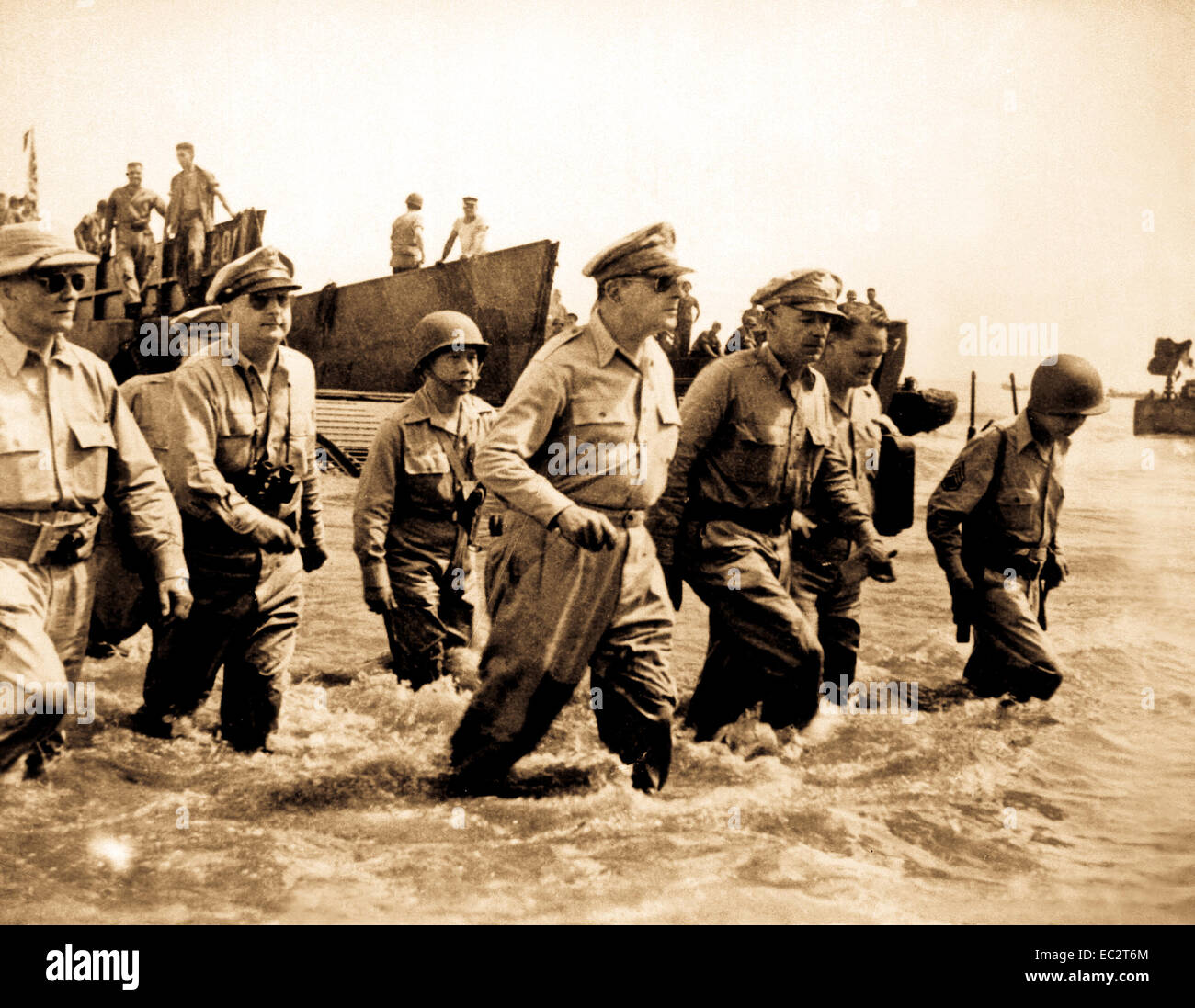 Gen. Douglas MacArthur wades ashore during initial landings at Leyte, P ...