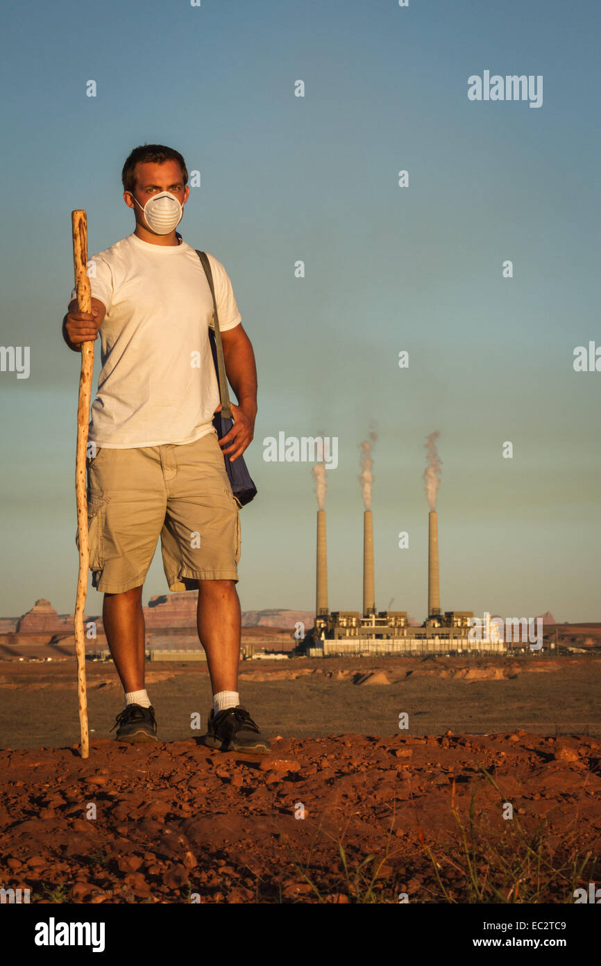 concept image of a man wearing a mask and a walking stick walking away ...