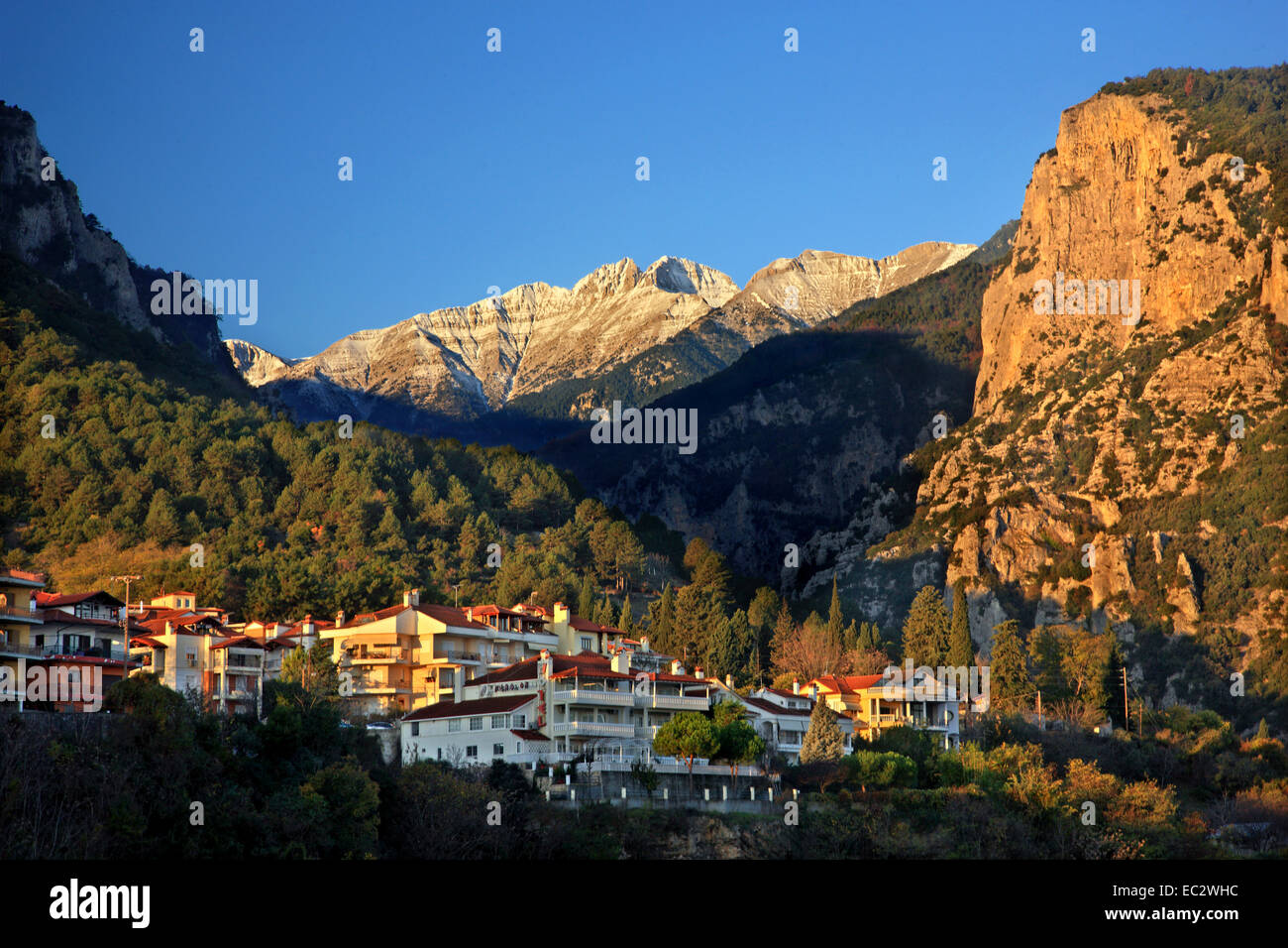 Litochoro town, the canyon of Enipeas and in the background the highest ...