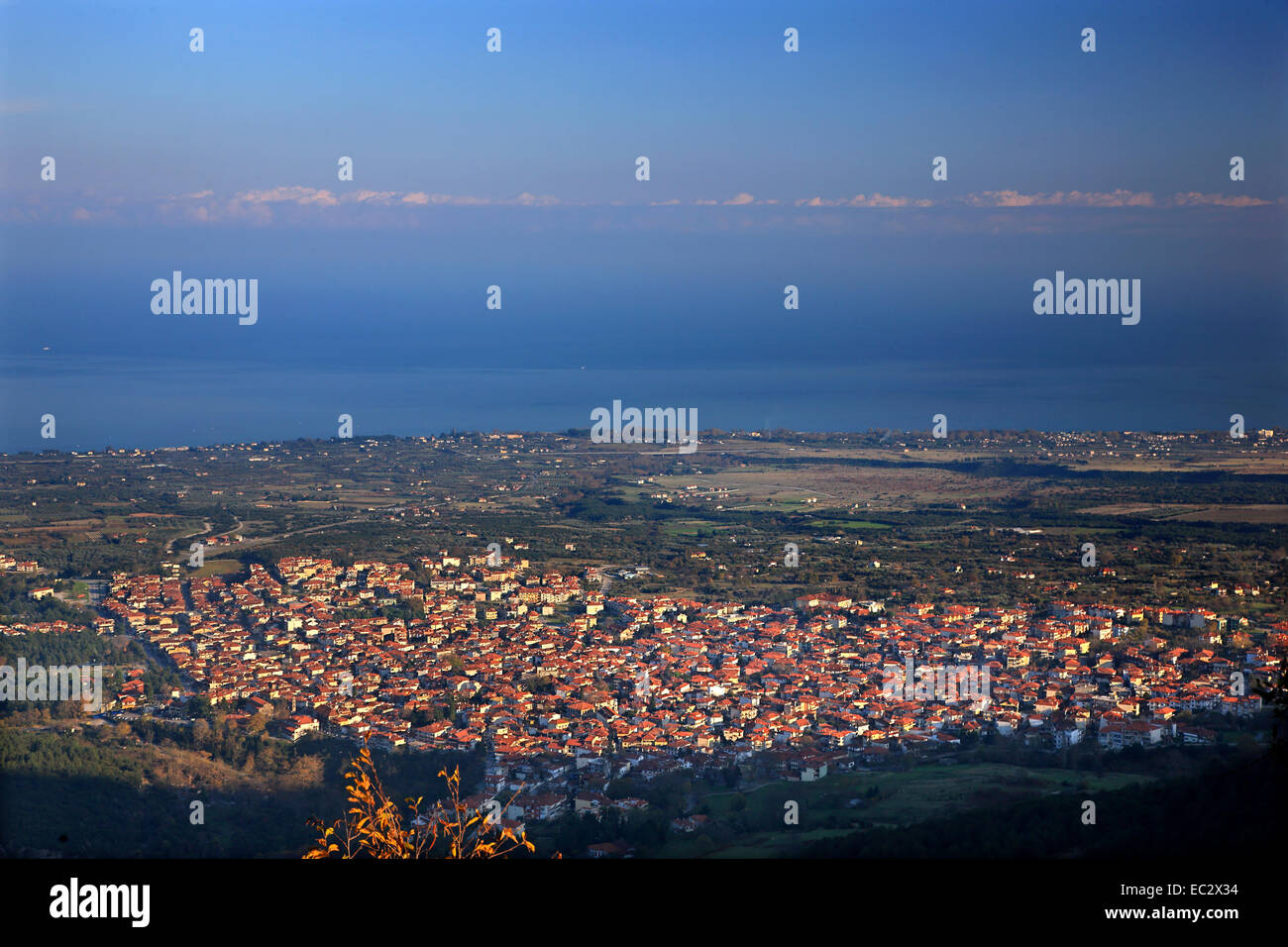 Panoramic view of Litochoro town from the slopes of Mount Olympus ...