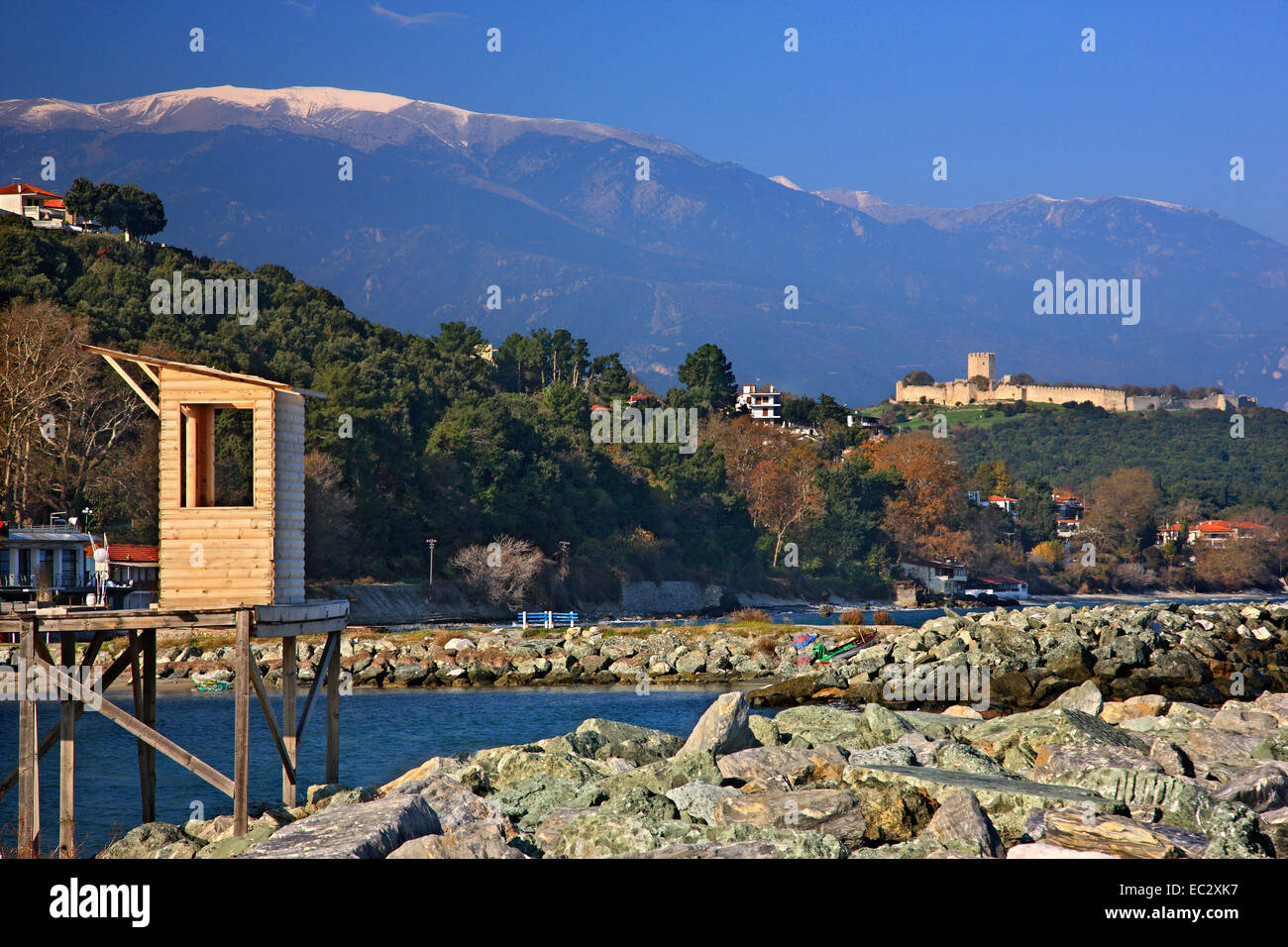 Platamonas and its castle. In the background Olympus mountain, Pieria ...