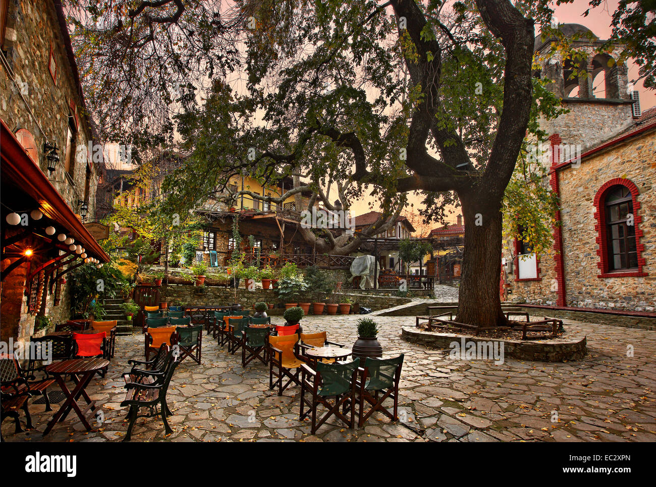 The picturesque square of Palaios ("old") Panteleimonas village around ...
