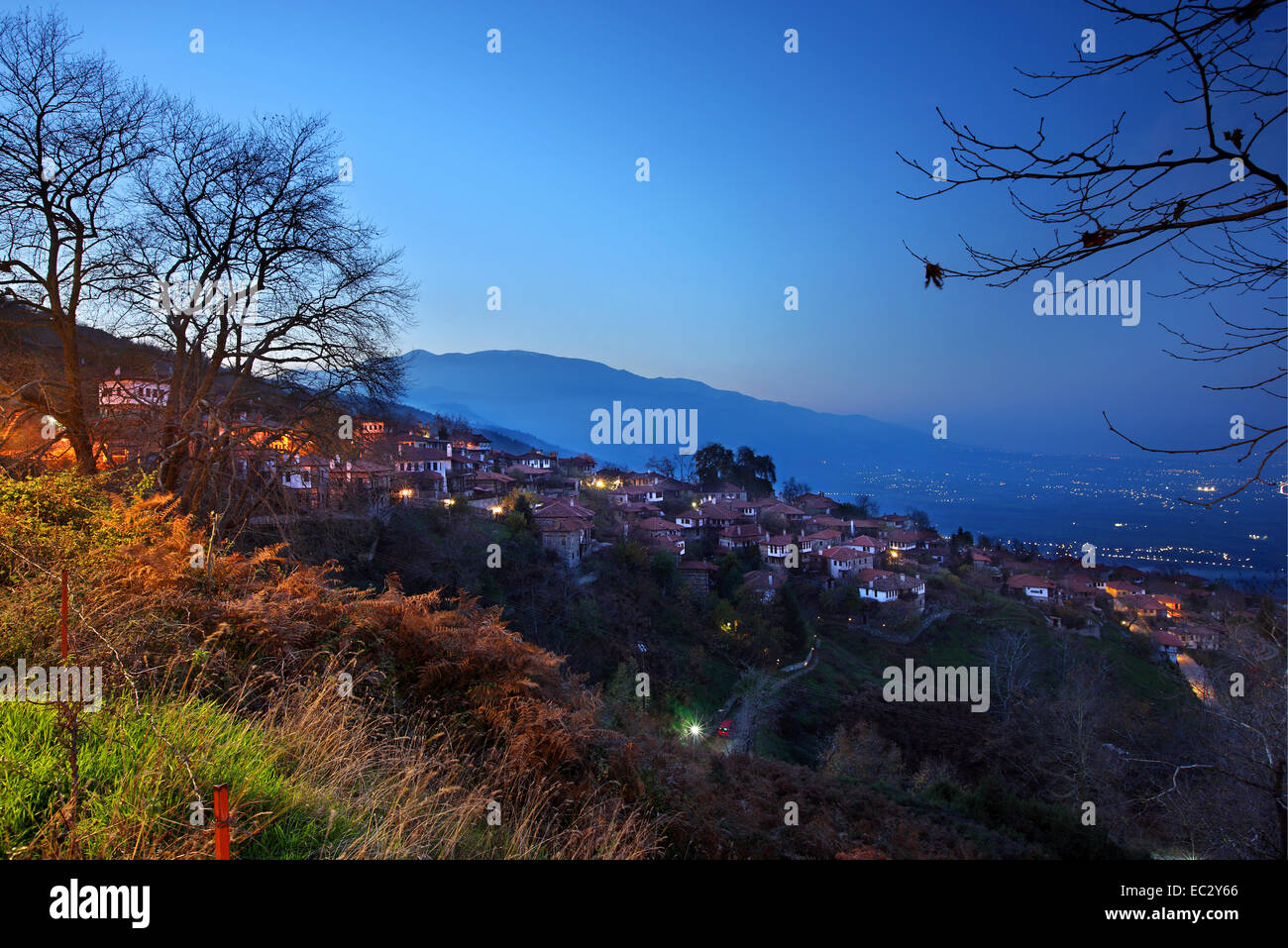 Panoramic night view of Palaios ("old") Panteleimonas village, Pieria ...