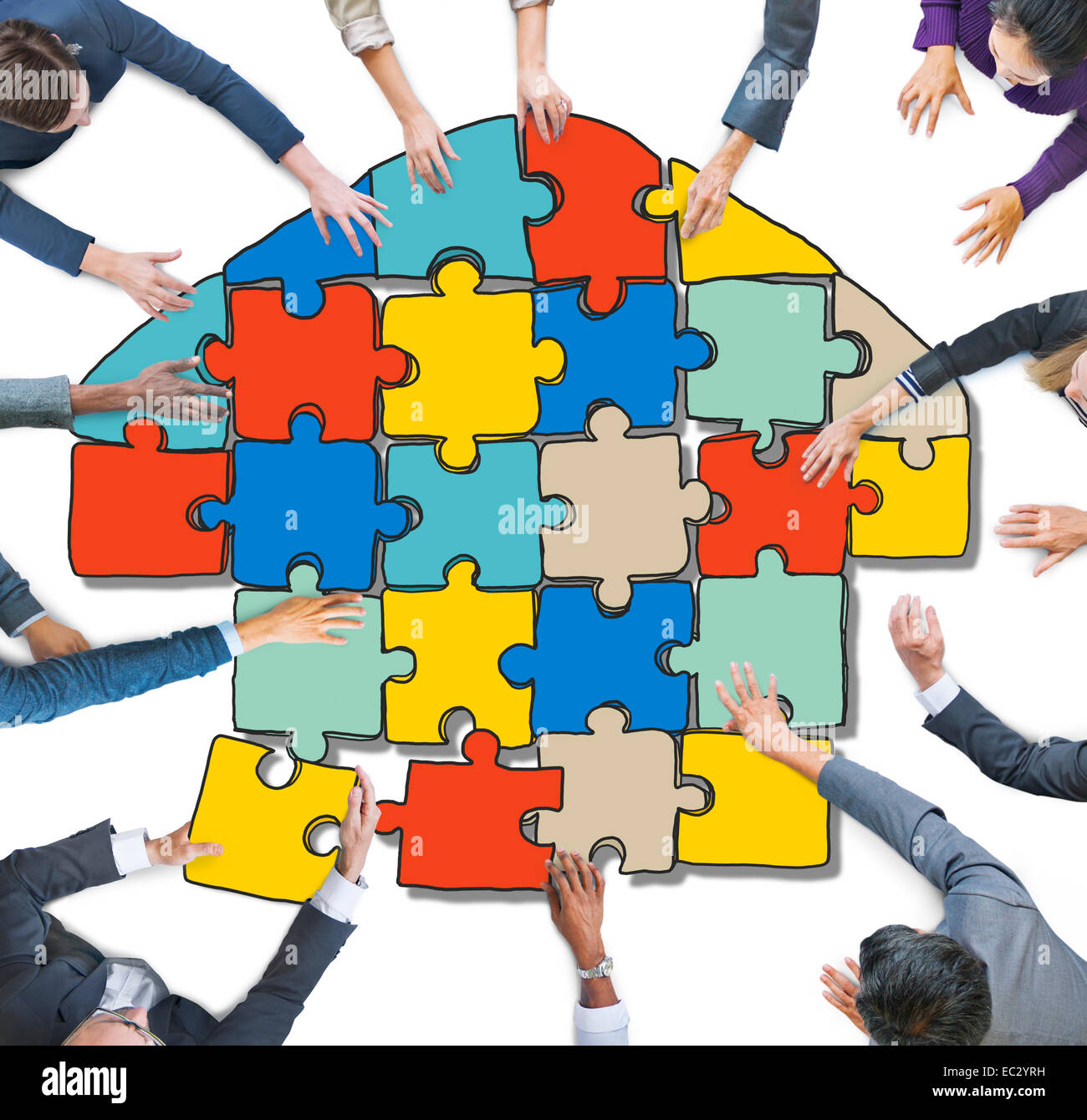 Group of People Forming Home by Jigsaw in Photo Illustration Stock ...