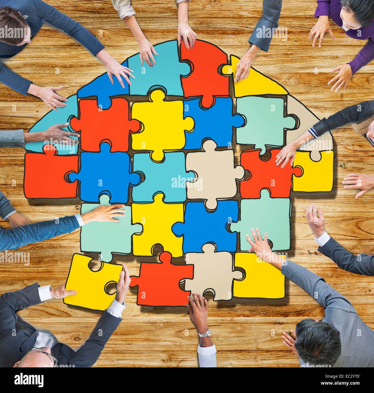 Group of People Forming Home by Jigsaw in Photo Illustration Stock ...