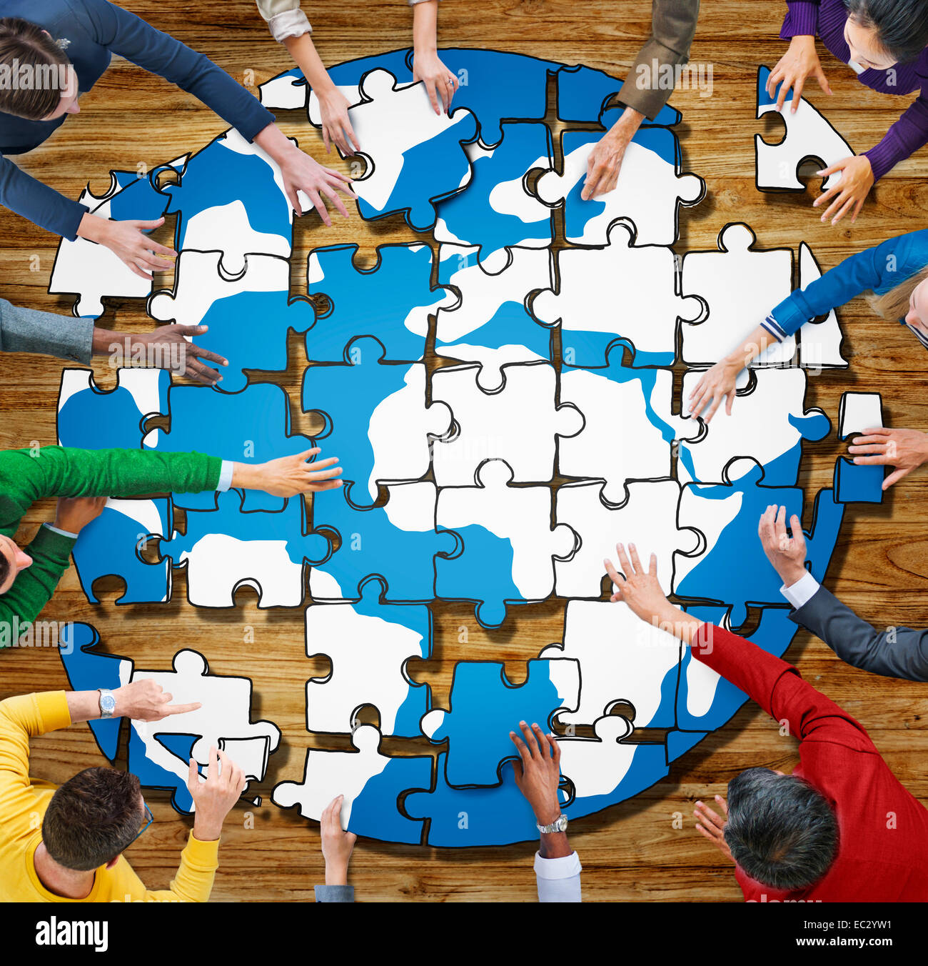 People with Jigsaw Puzzle Forming Globe in Photo and Illustration Stock ...