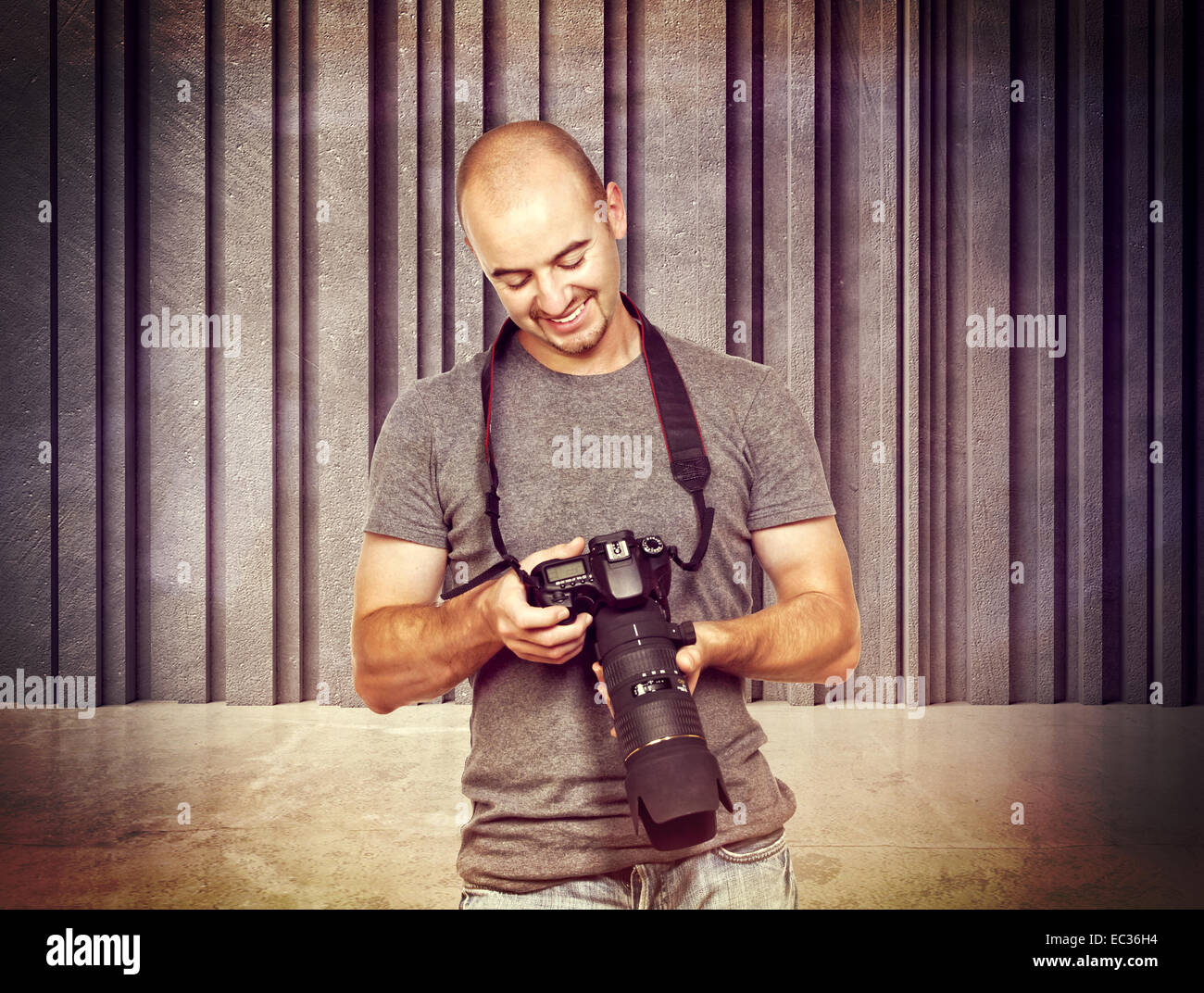 photographer portrait and concrete 3d background Stock Photo - Alamy