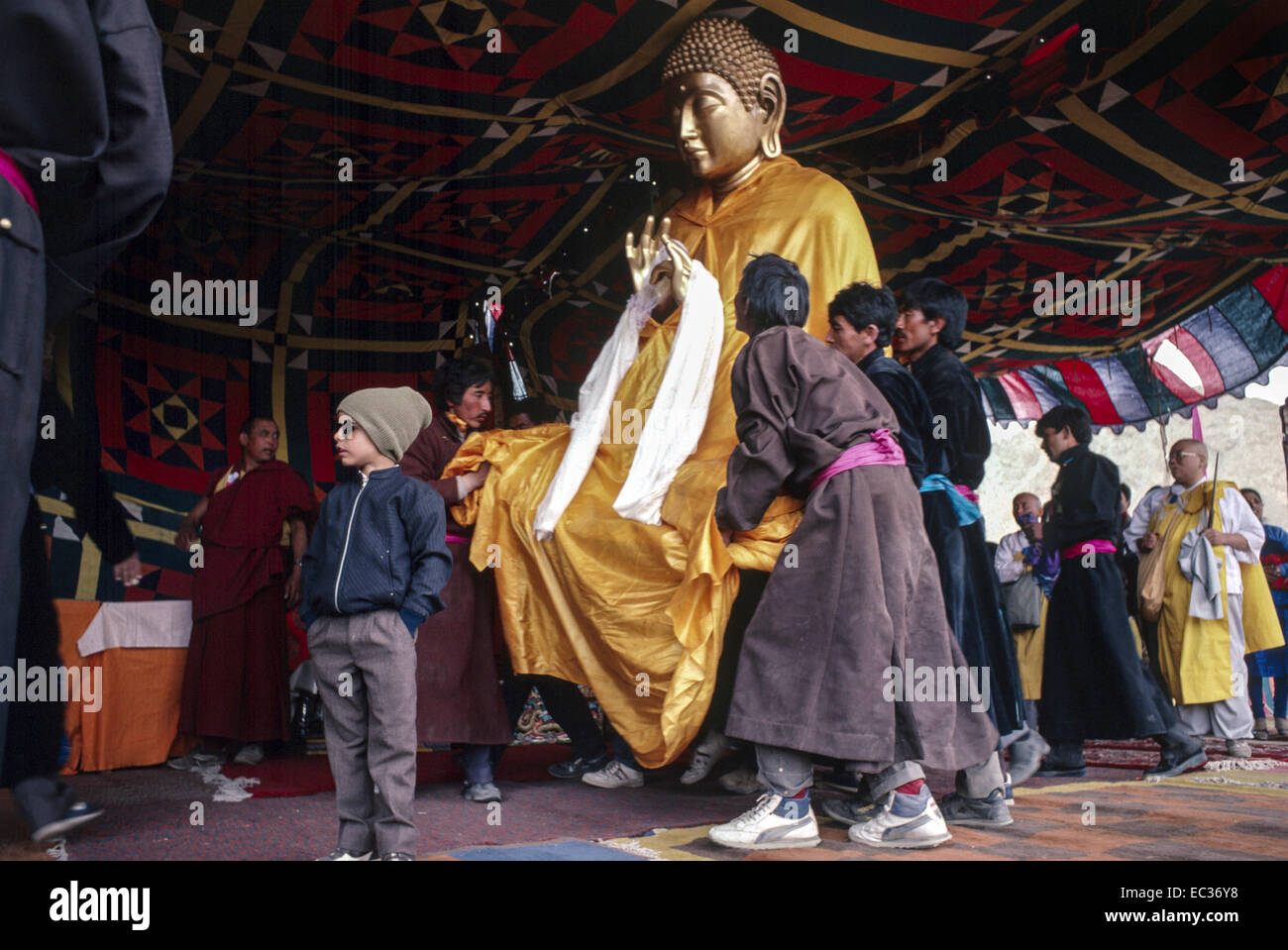 Ladakh Leh monastery gold Buddha decorative prayer flags yellow silk ...