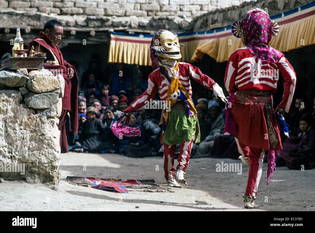 Ladakh. Ley monastery. 2 monks dance the sacred Cham ceremony. Skull ...