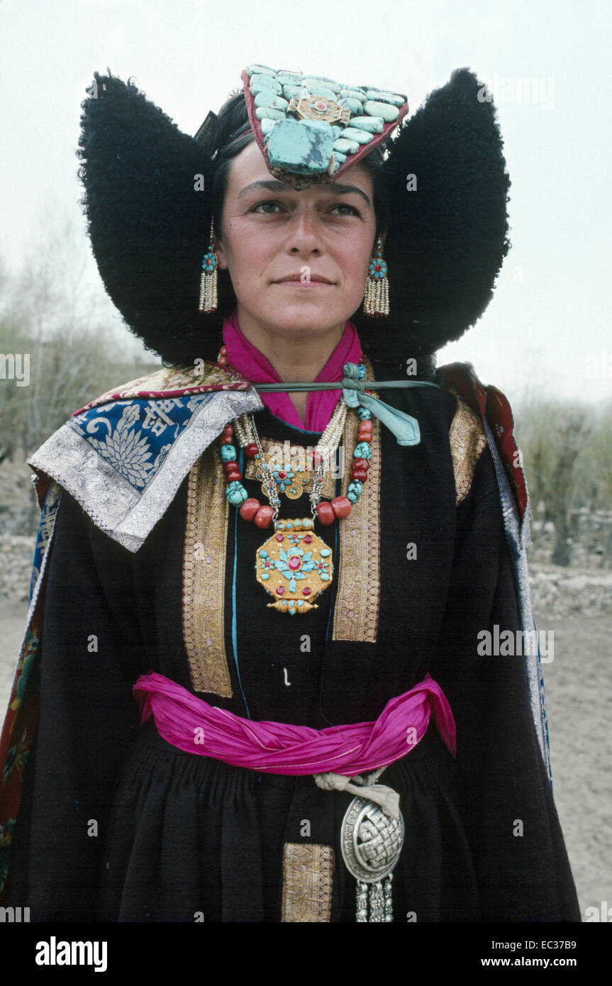 Ladakh woman wearing Perak black lambswool cobra hood shaped with ...
