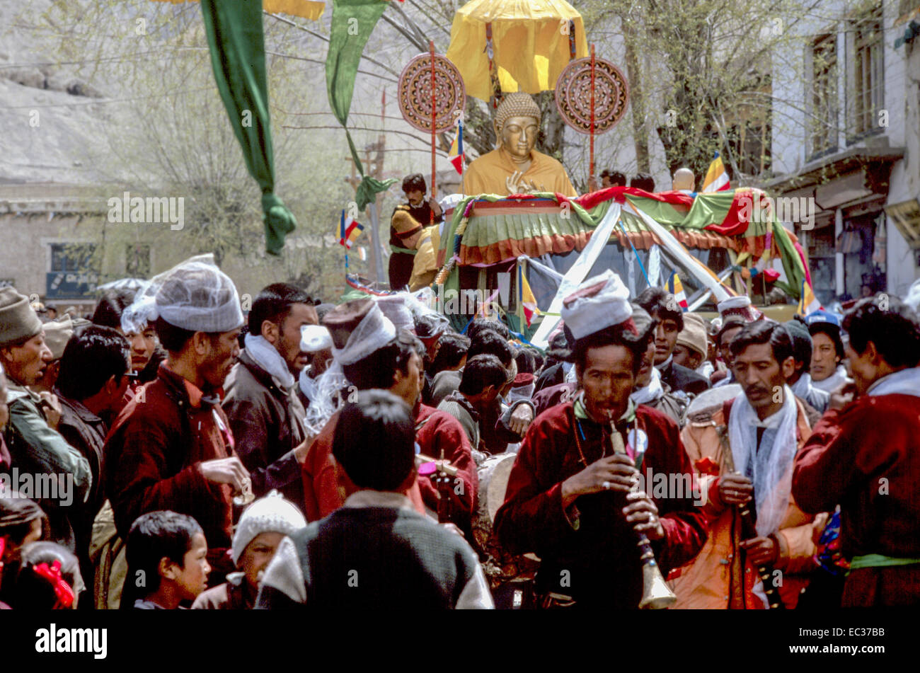 Ladakh village wedding procession with band musicians clarinets ...