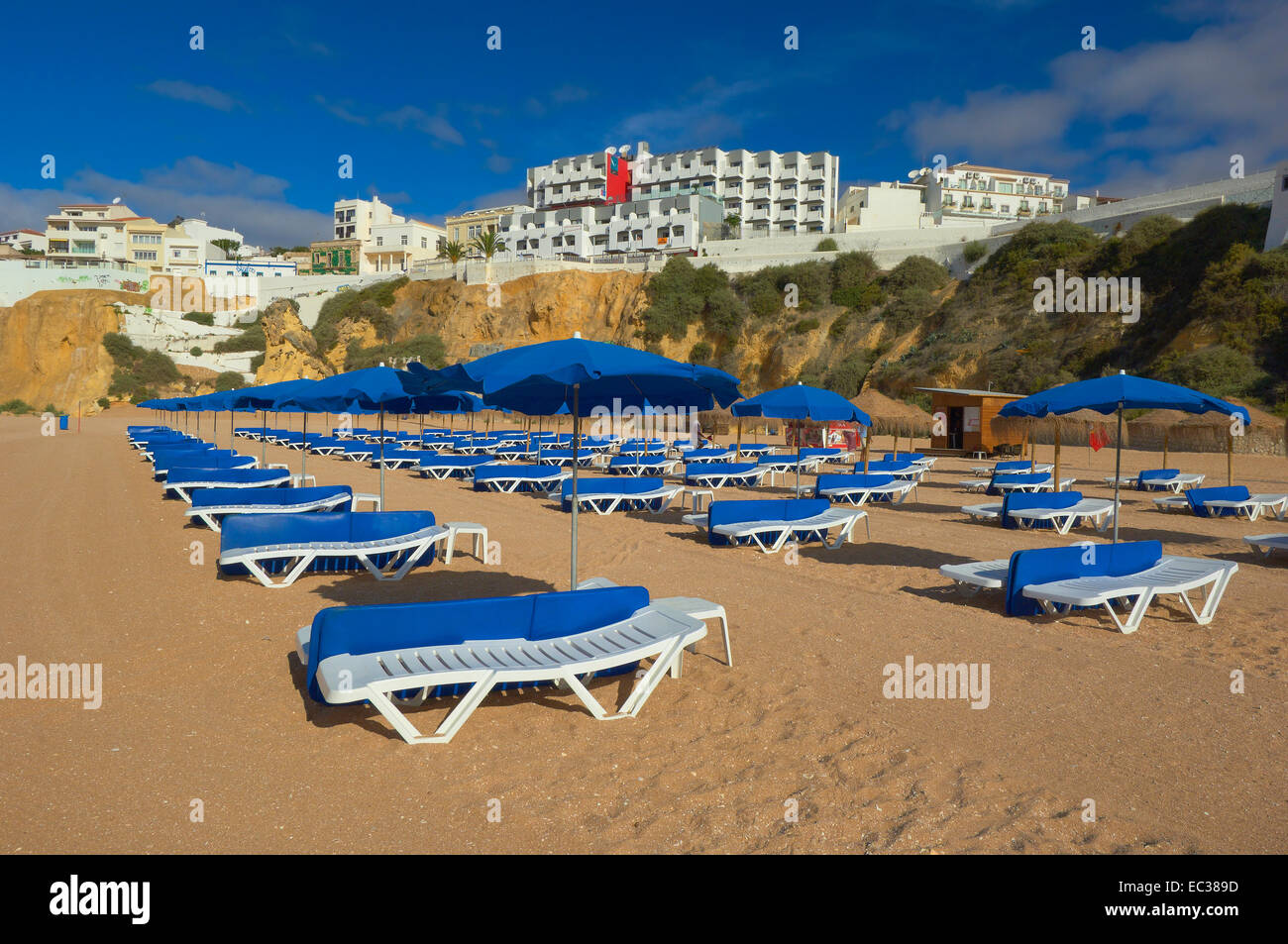 Sunloungers and sunshades, Albufeira, Praia Dos Pescadores, Algarve ...