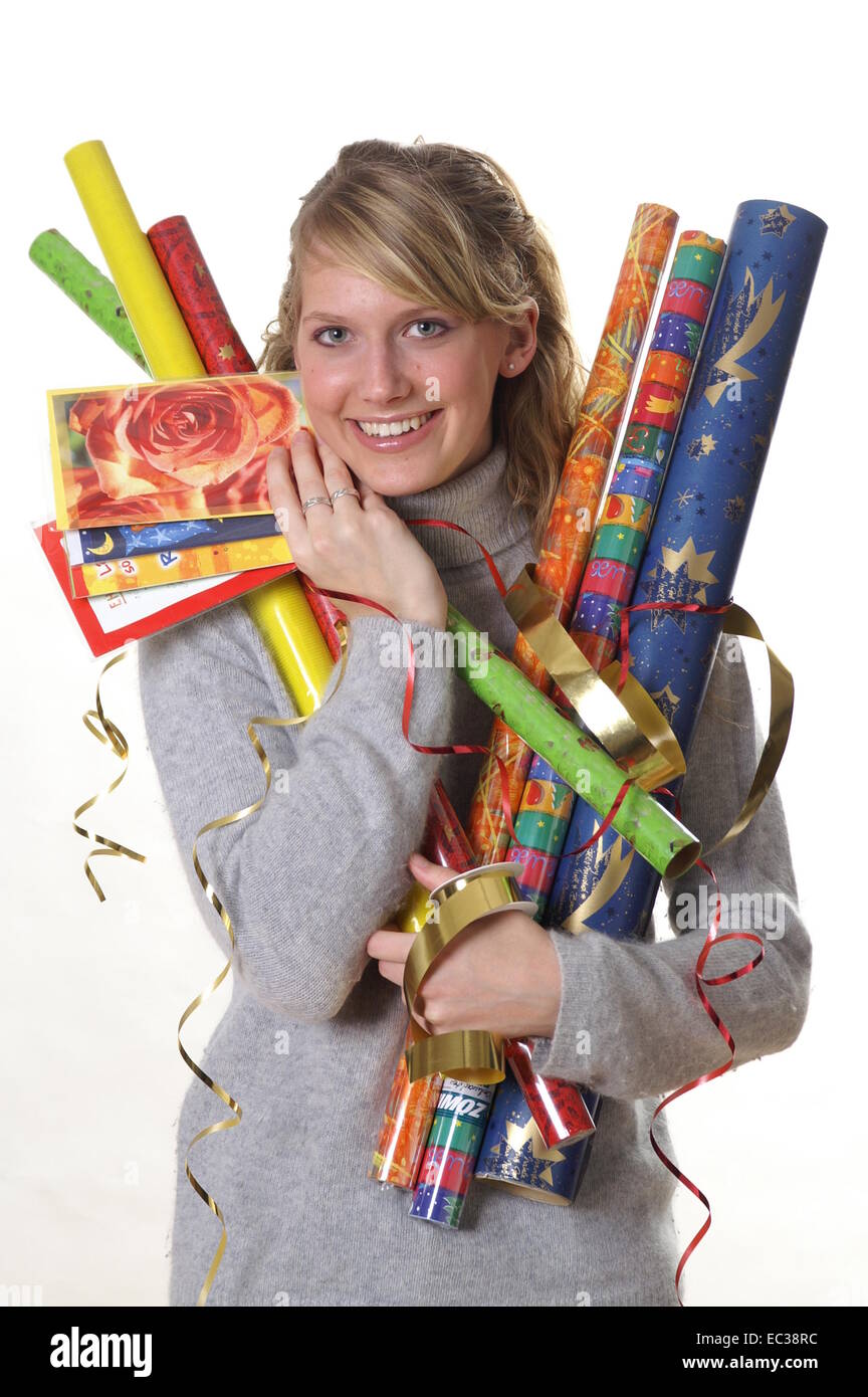 Woman with Wrapping Paper Stock Photo - Alamy