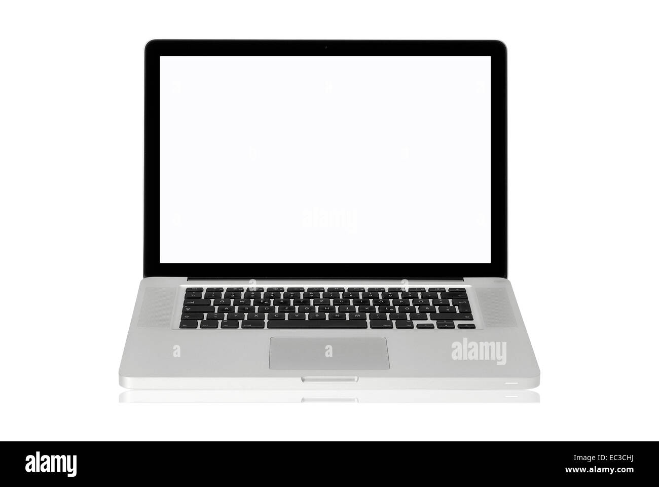 Open computer or laptop with blank screen, white studio background ...