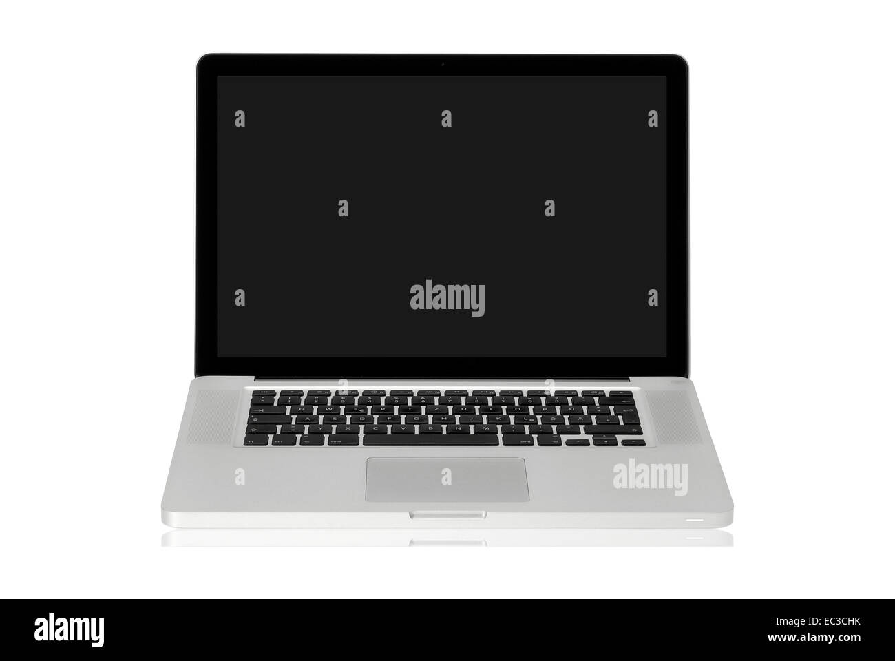 Open computer or laptop with blank screen, white studio background ...