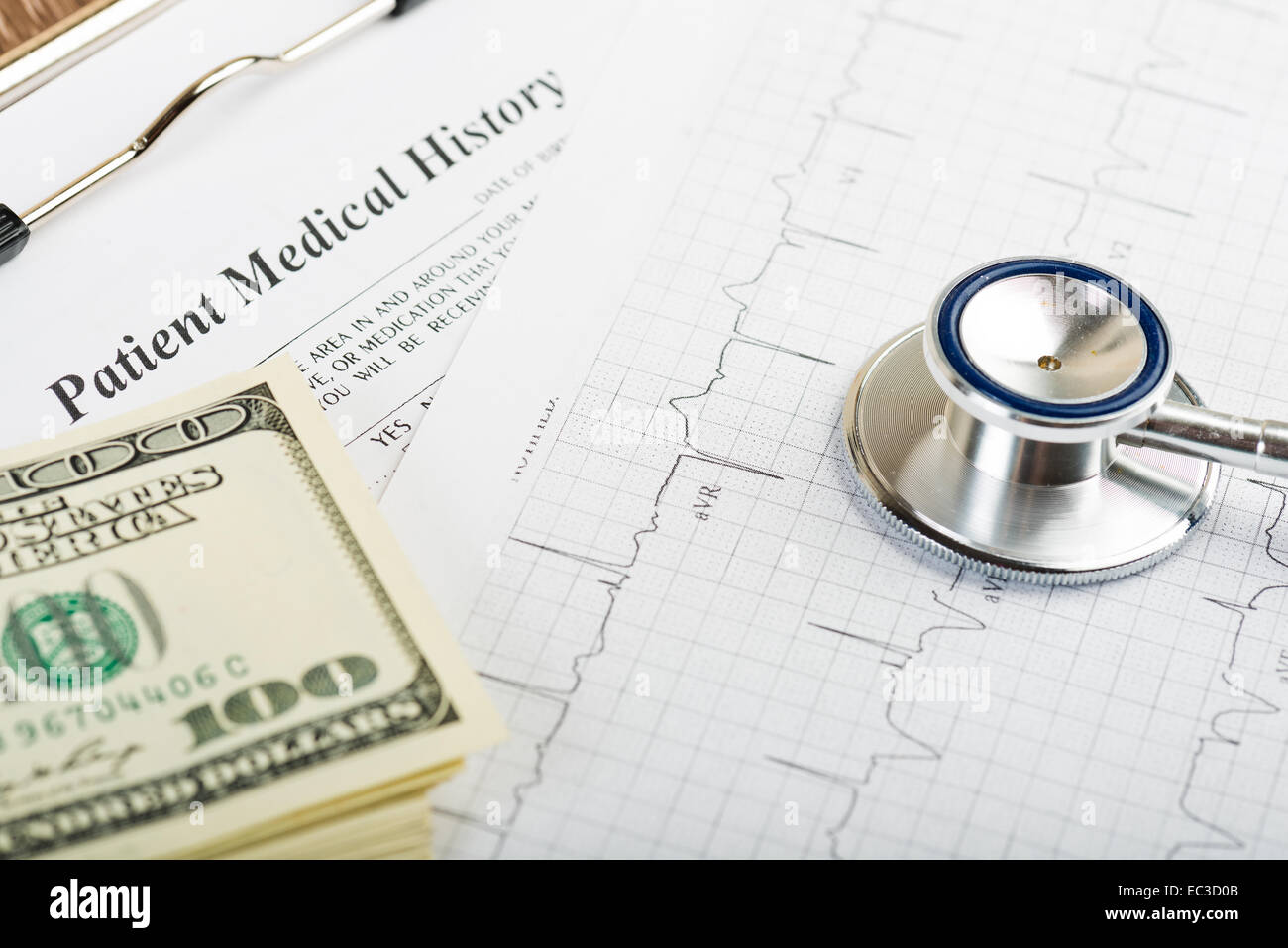stethoscope over ecg graph and 100 dollar bills Stock Photo - Alamy