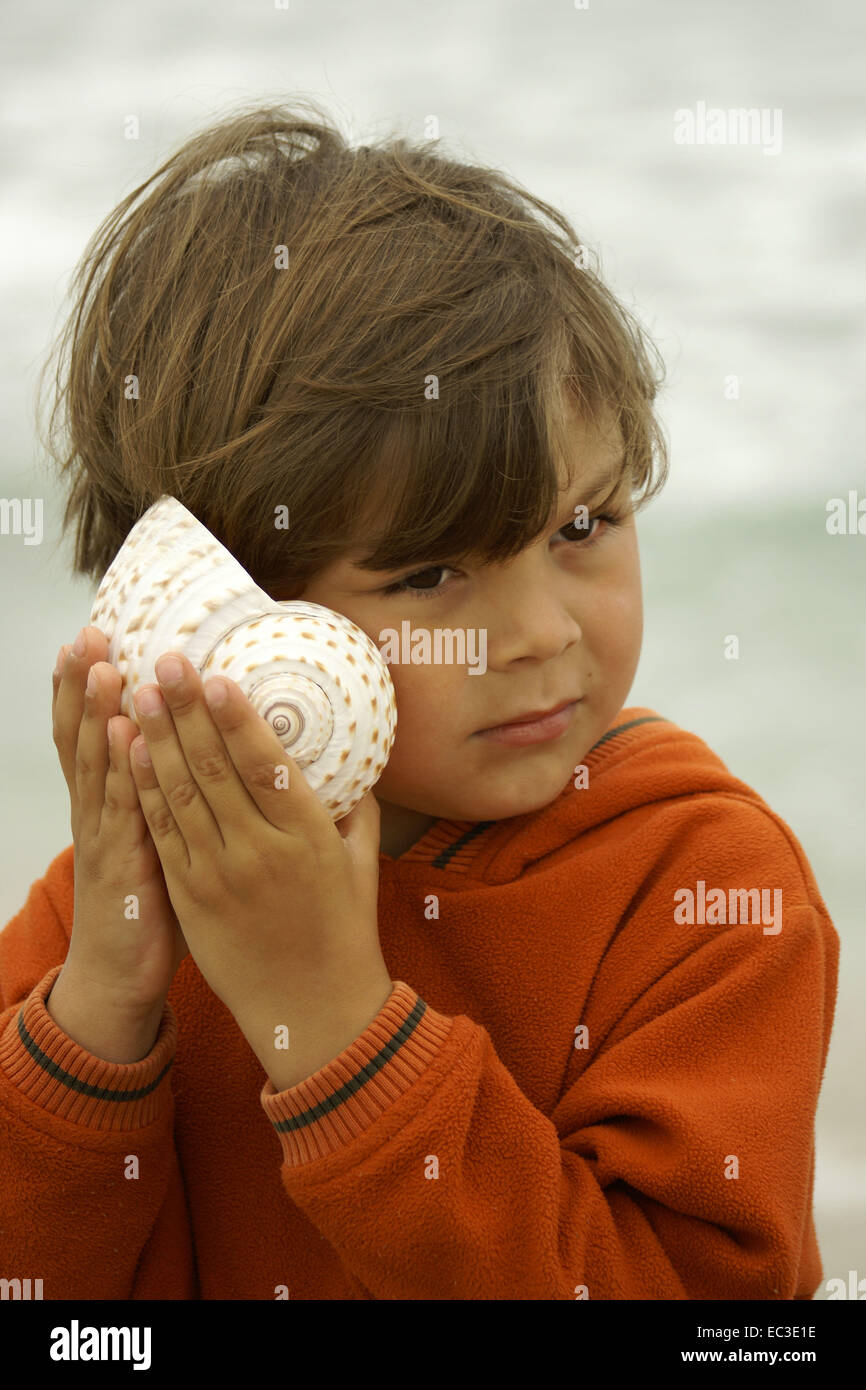 boy listen to a shell Stock Photo - Alamy