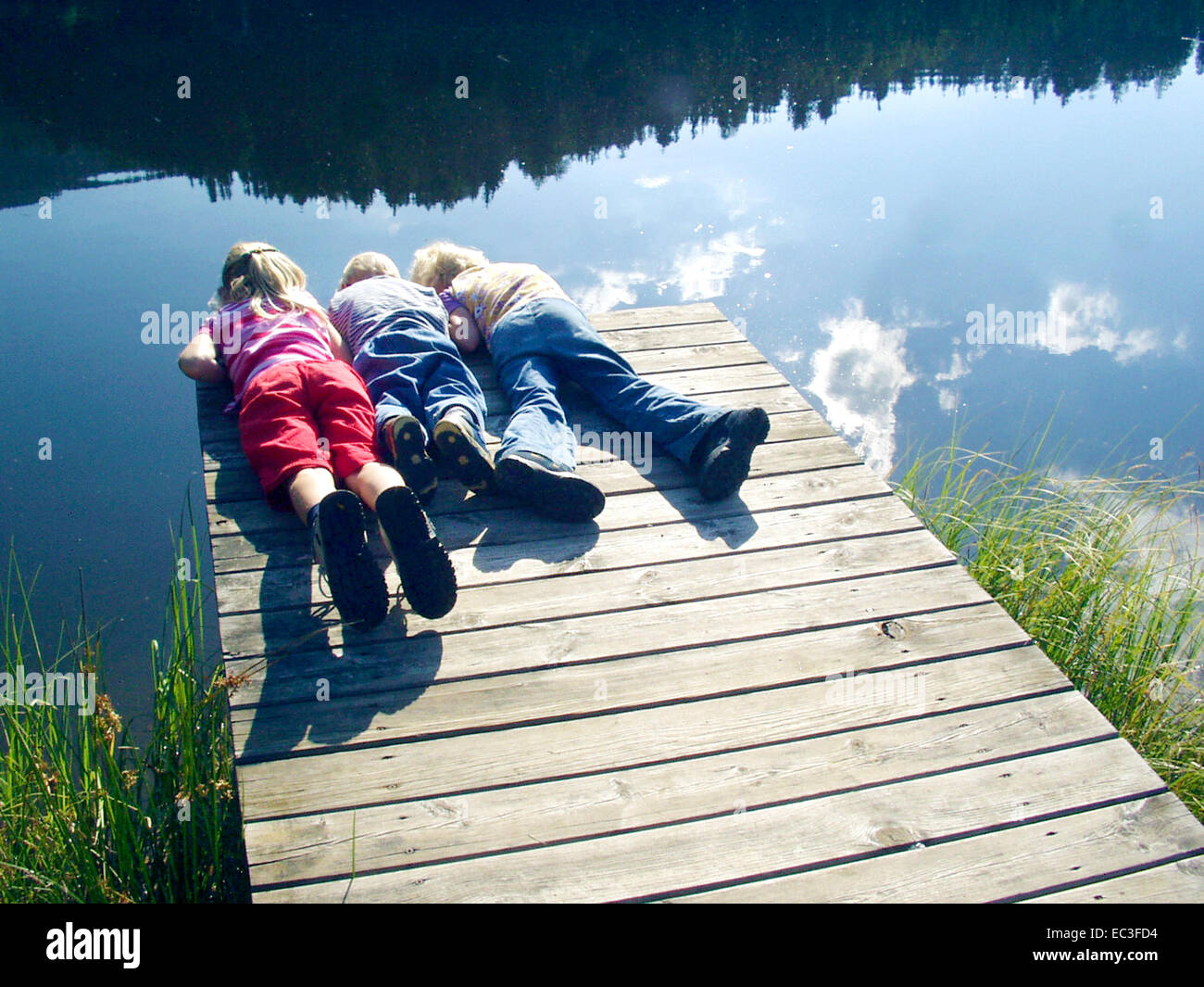 Children watch fish at a lake Stock Photo - Alamy