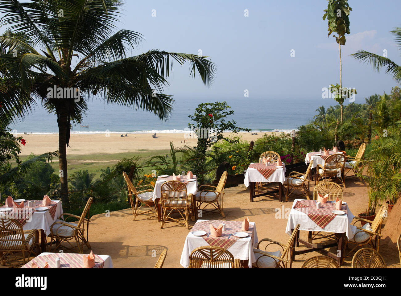 Terrace with well-laid Tables at Beach, India Stock Photo - Alamy