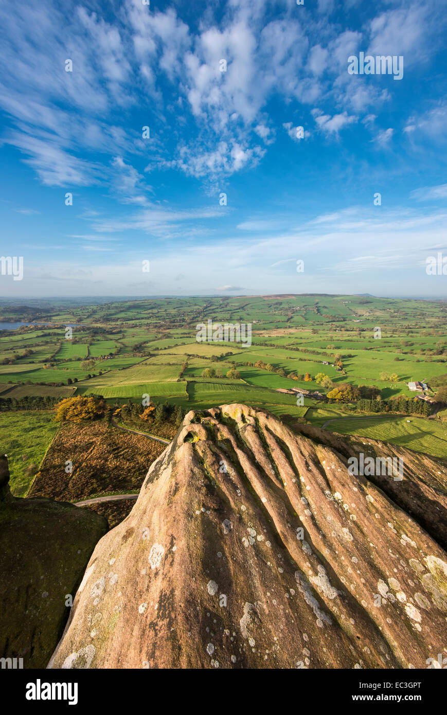 Weathered gritstone rocks on the summit of Hen Cloud (The Roaches) with ...