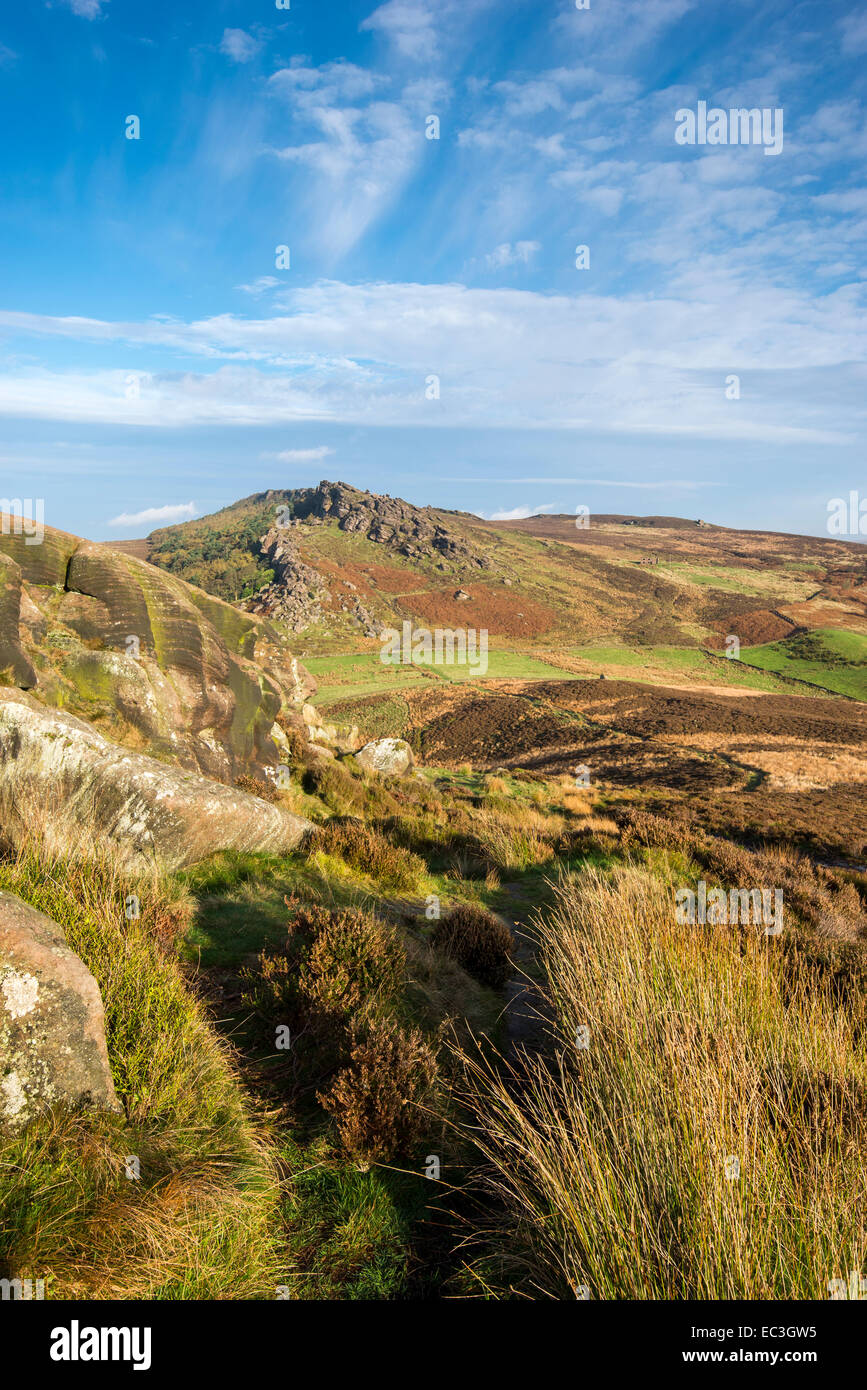 Blue sky with patterns of high clouds above a moorland landscape of ...