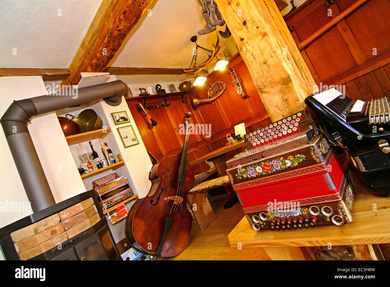 Musical Instruments in a Room of the Schneetalalm, Tyrol, Austria Stock ...