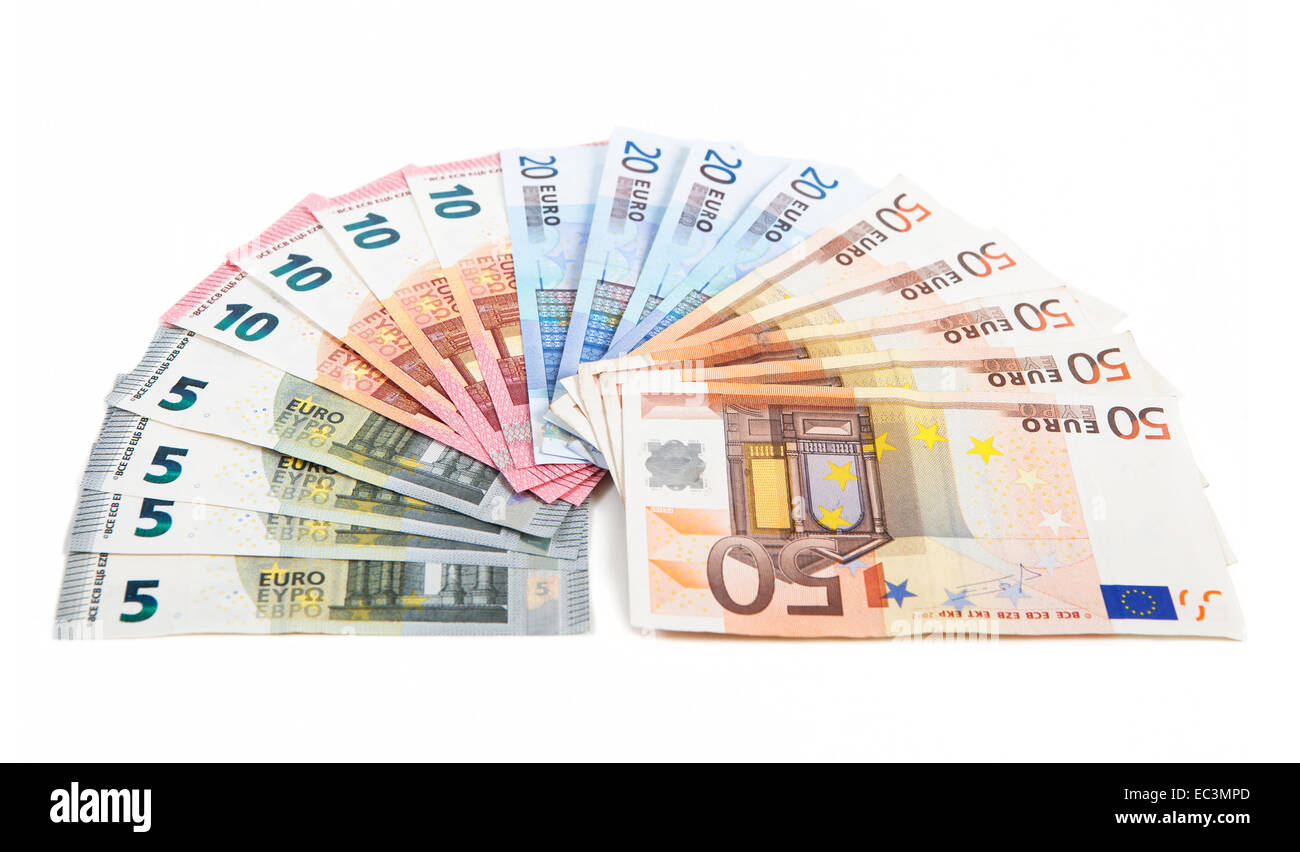 different euro bank notes fanned side by side, white background Stock ...