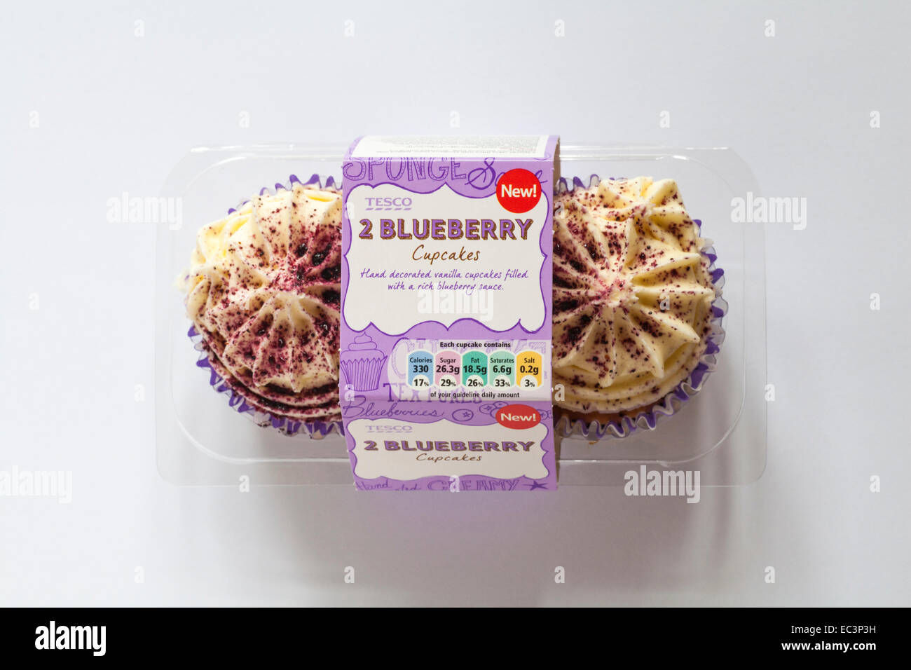 Packet of Tesco 2 Blueberry cupcakes isolated on white background ...