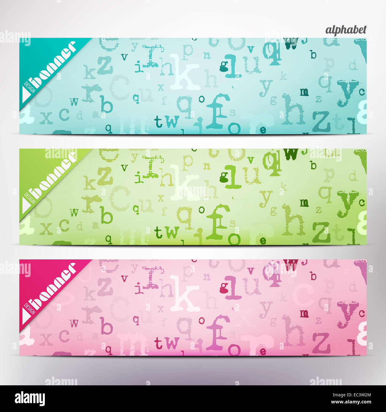 set of colorful, horizontal paper banners with alphabet letters pattern ...