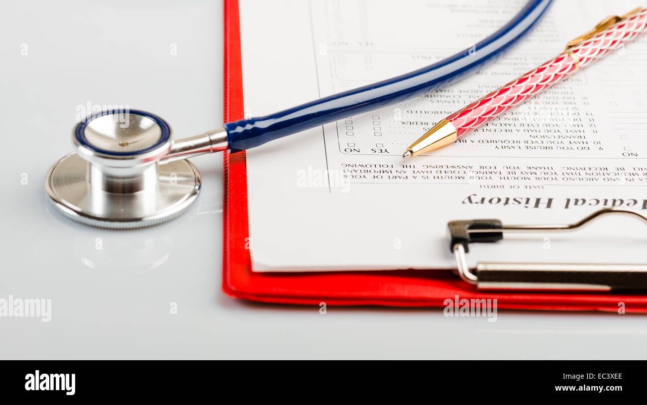 medical history with stethoscope and pen Stock Photo - Alamy