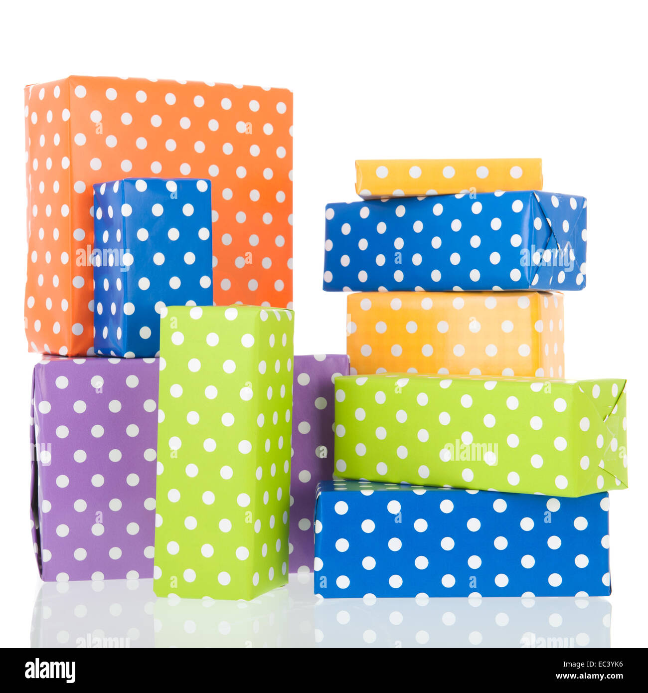 Many colorful wrapped presents isolated over white background Stock ...