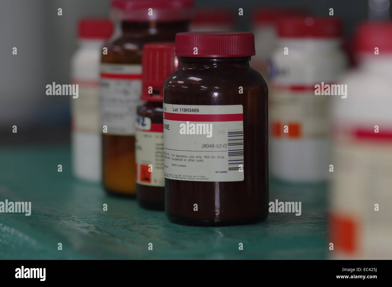 Bottled chemicals on laboratory shelves Stock Photo - Alamy